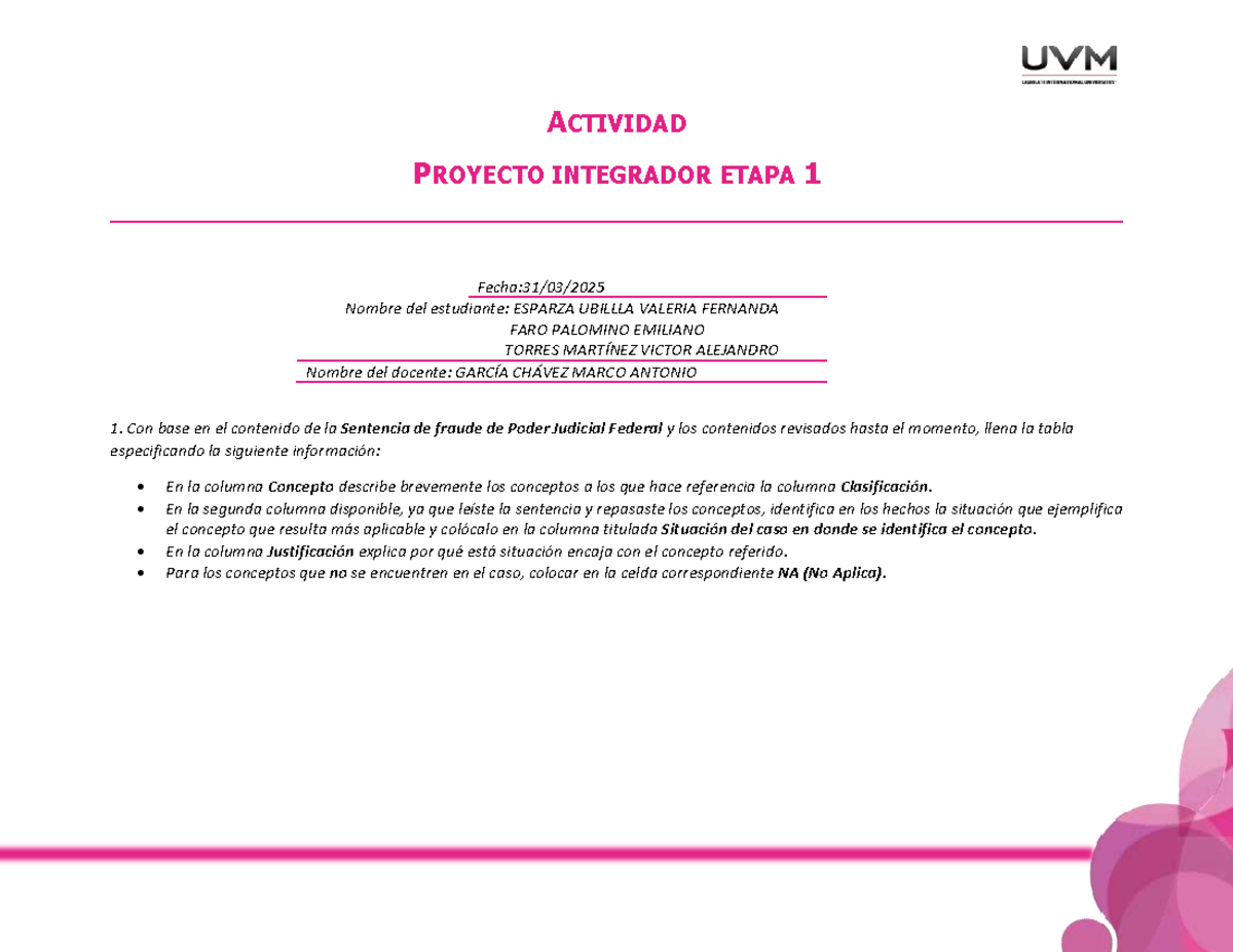 A#2 VEA - PROYECTO INTEGRADOR - ACTIVIDAD PROYECTO INTEGRADOR ETAPA 1 Fecha: 31 / 03 / 2025 ...