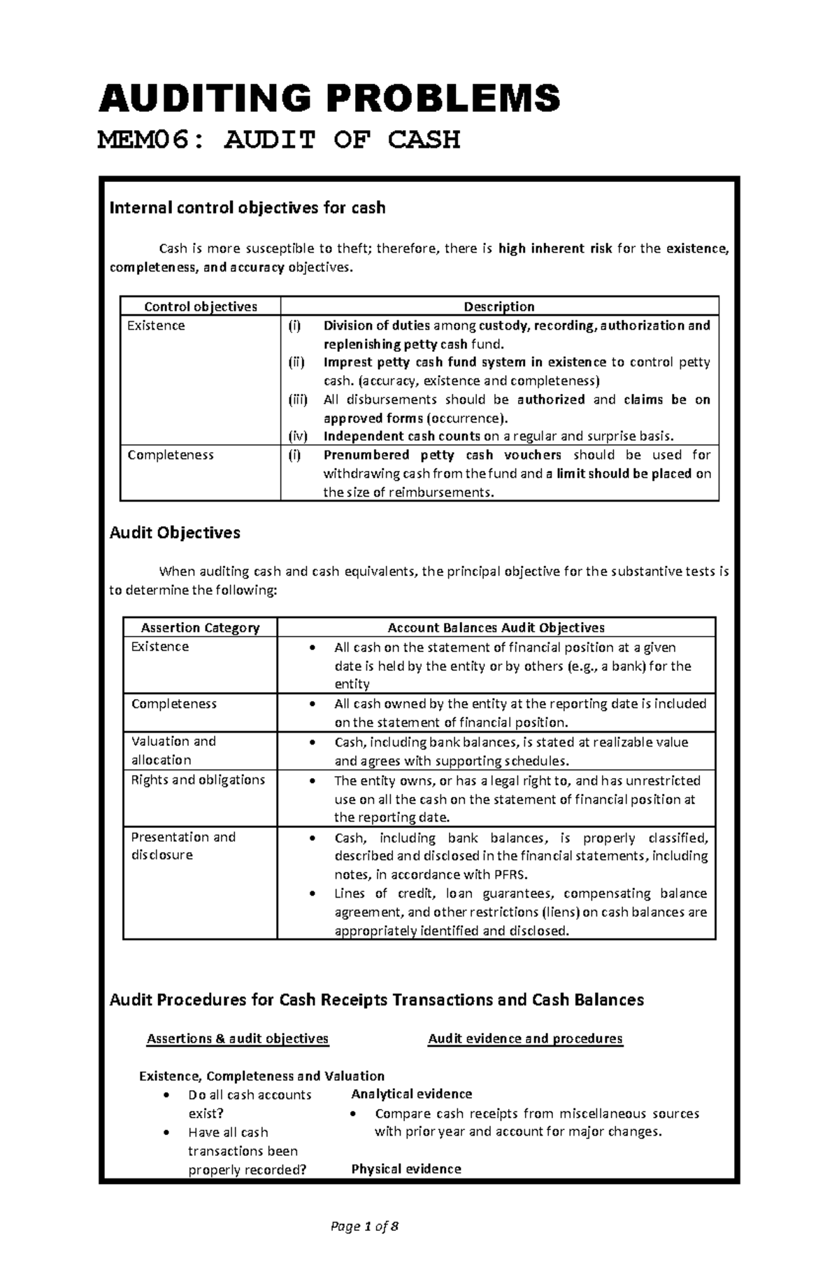 Cash Audit Insights and Problems - MEM06: AUDIT OF CASH - Studocu
