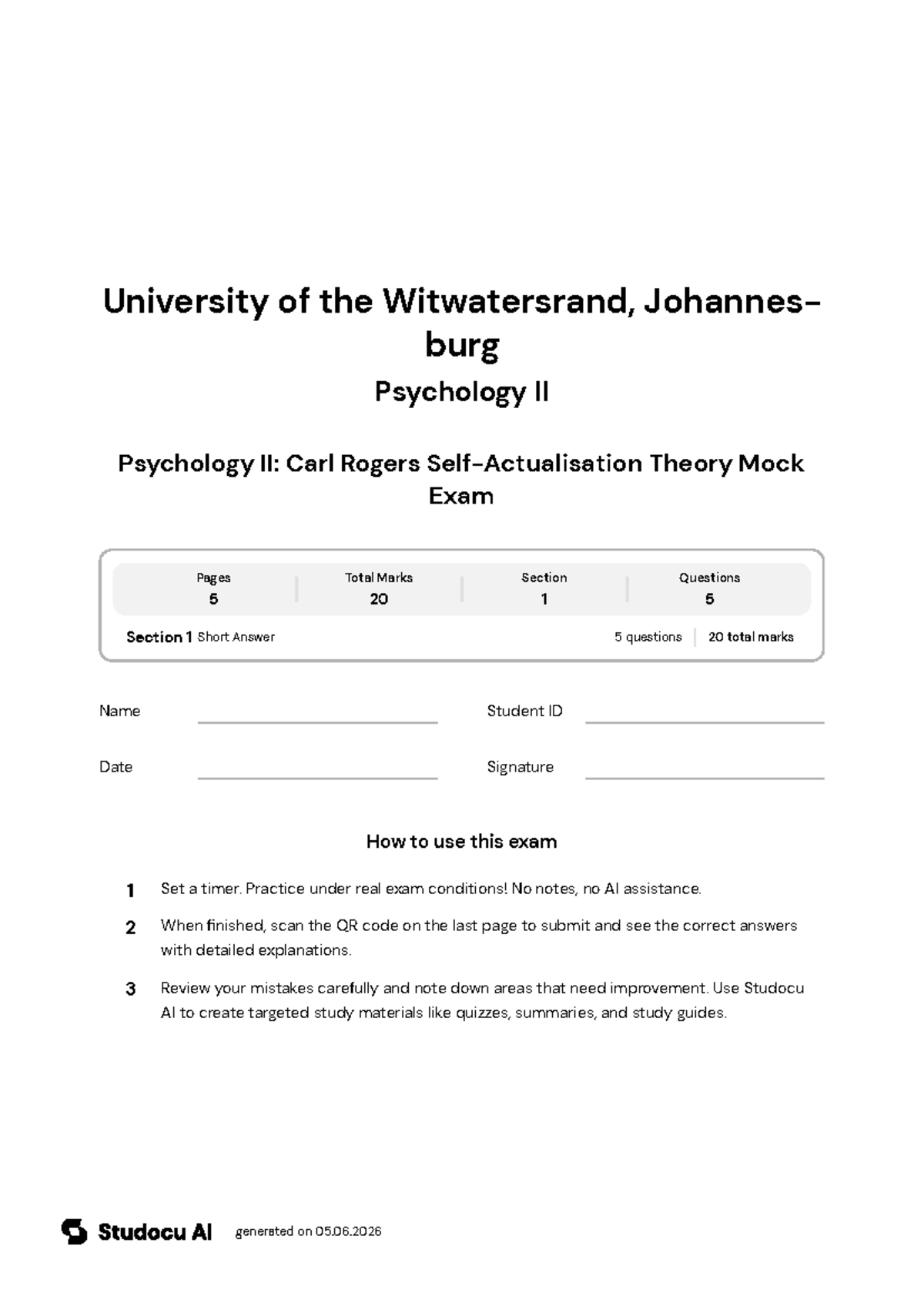 Psychology II: Carl Rogers Self-Actualisation Theory Mock Exam - Studocu