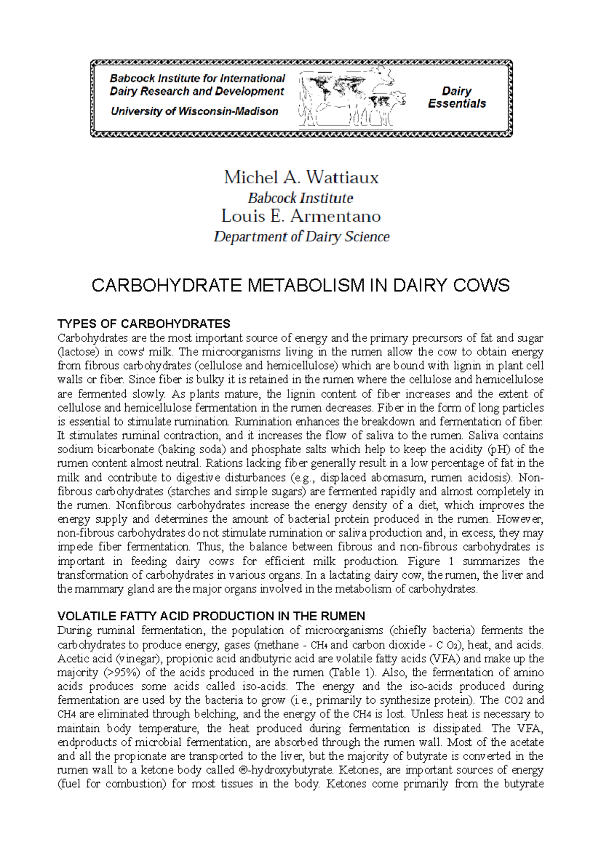 Carbohydrate Metabolism IN Dairy COWS - CARBOHYDRATE METABOLISM IN ...