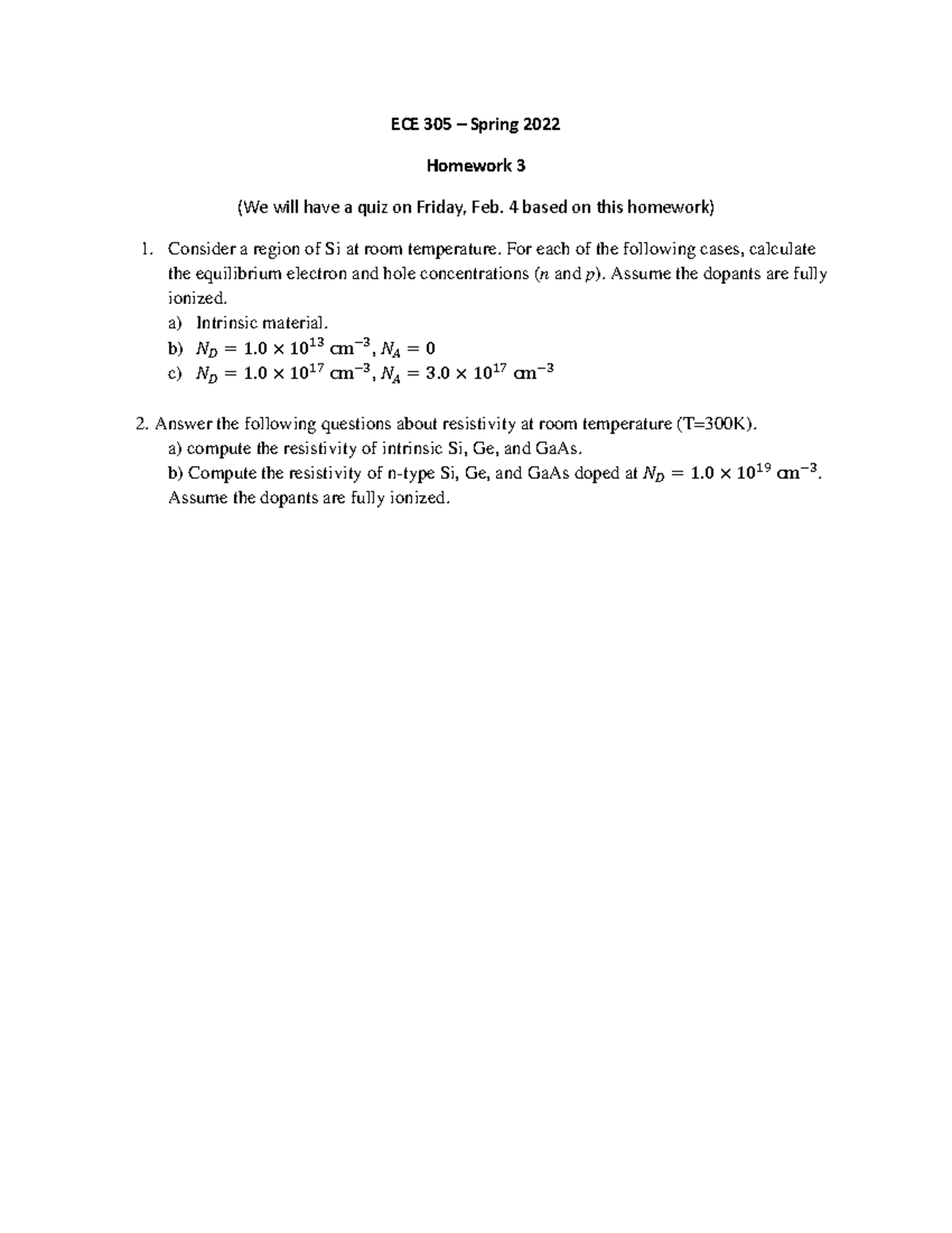 ECE 305 S2022 - Homework 3: Electron & Hole Concentrations Calculations - Studocu
