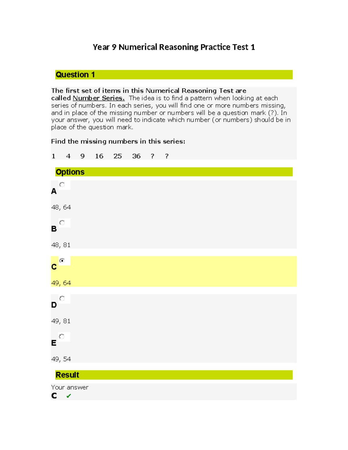 Year 9 Numerical Reasoning Practice Test 1: Number Series & Patterns ...