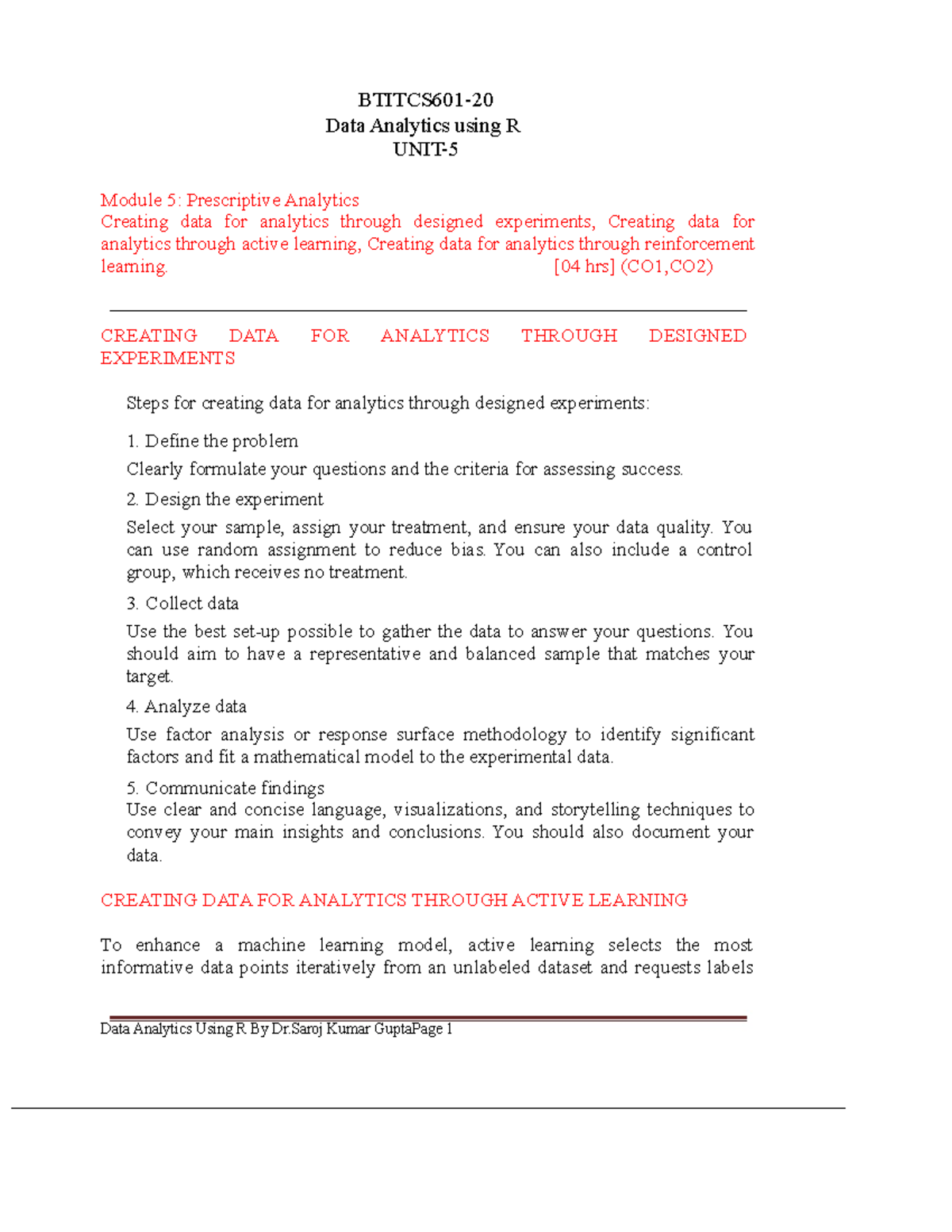 Data Analytics Using R: Module 5 - Prescriptive Analytics (CO1, CO2 ...