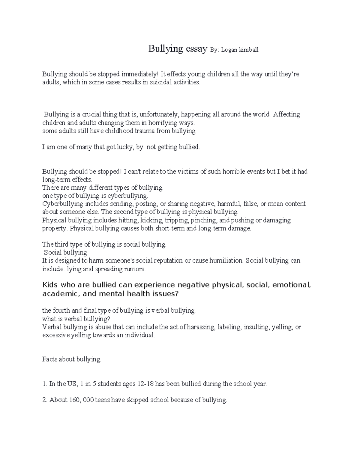 Bullying Essay: The Urgent Need to Stop Bullying Now! - Studocu