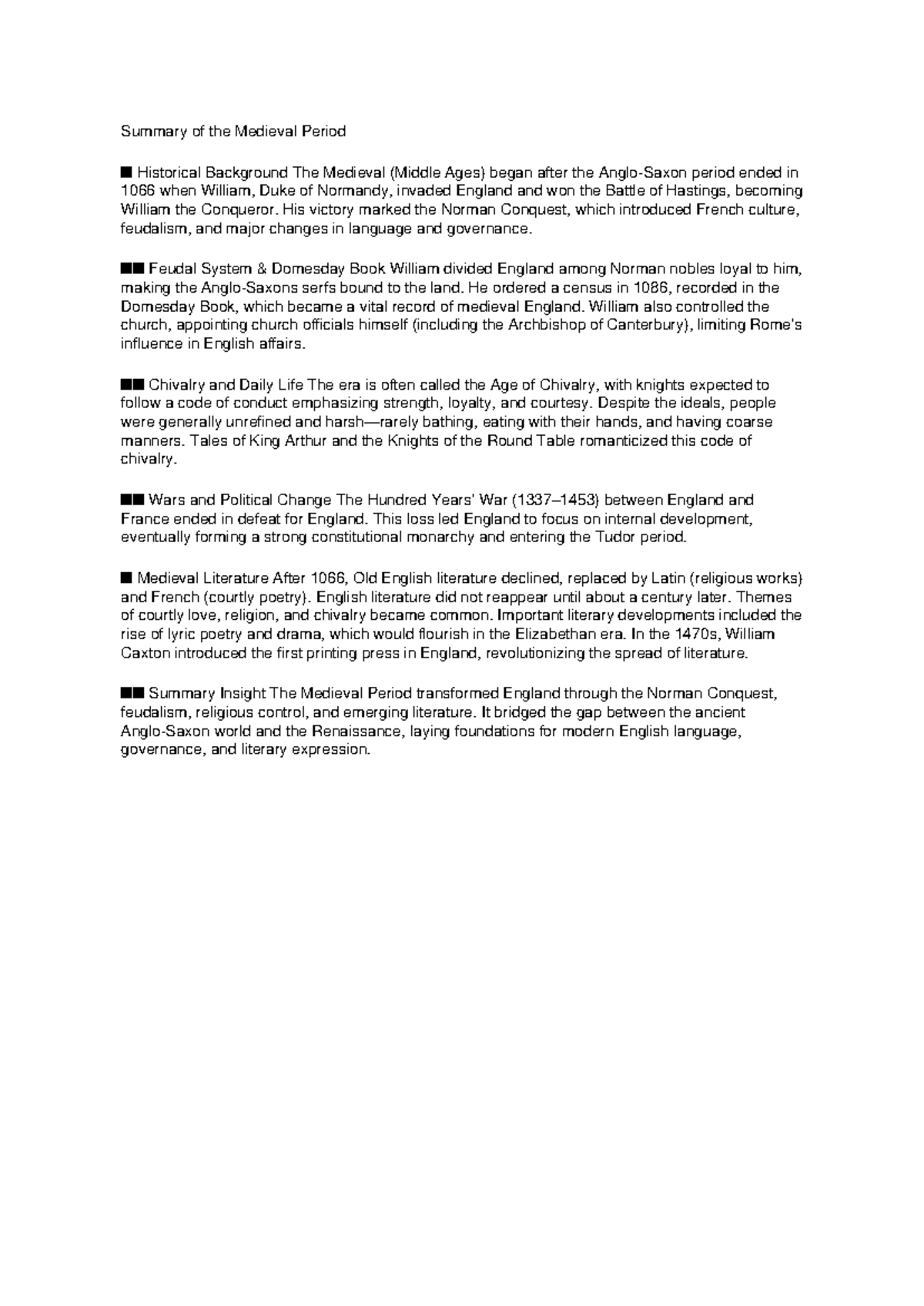 Medieval Period Summary: Historical Insights and Transformations - Studocu