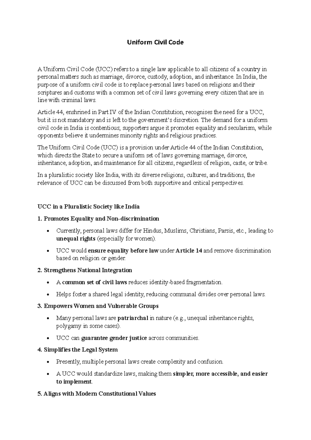 Uniform Civil Code (UCC) - Importance and Implications in India - Studocu