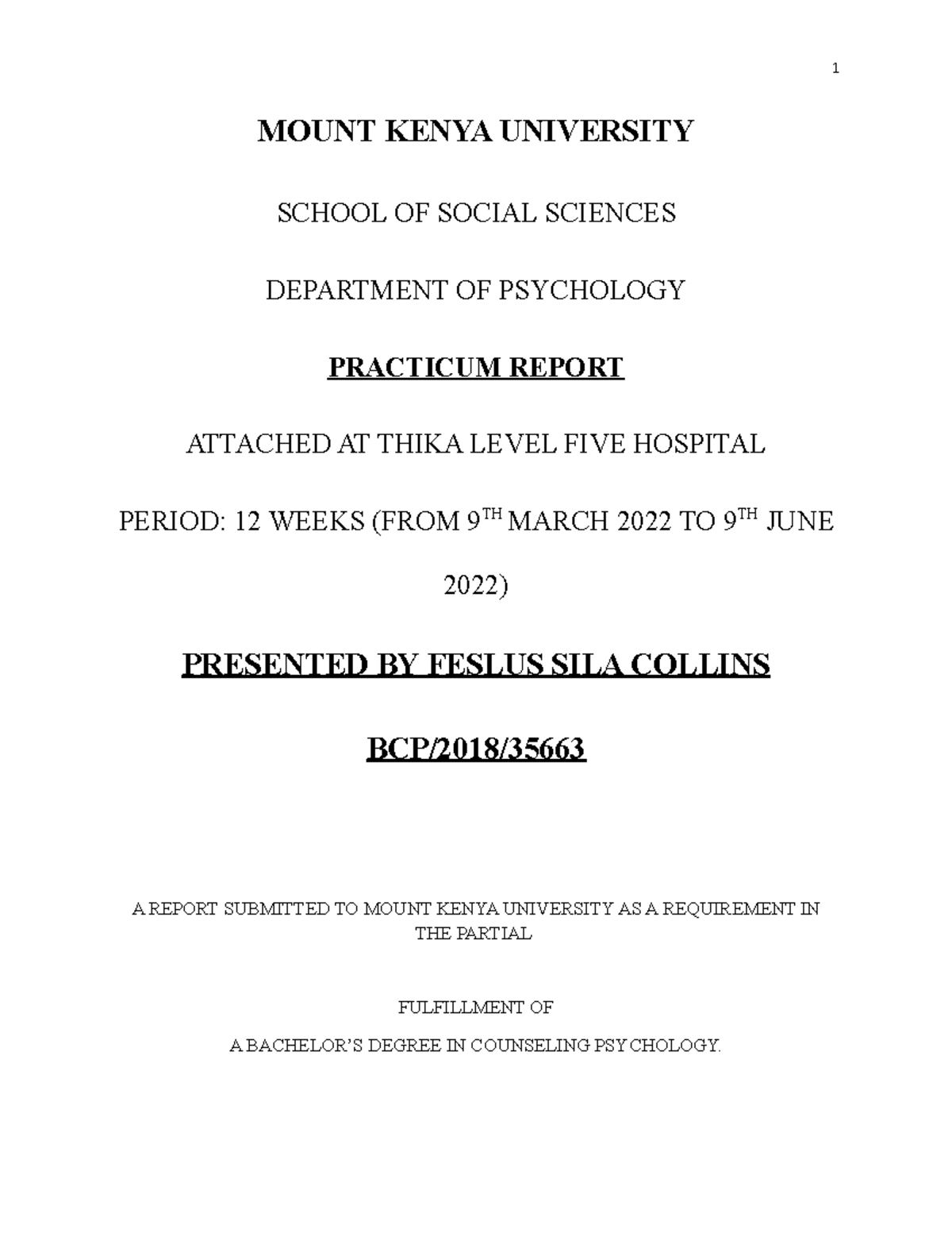 BCP/2018/ Counseling Psychology Practicum Report: Insights ...