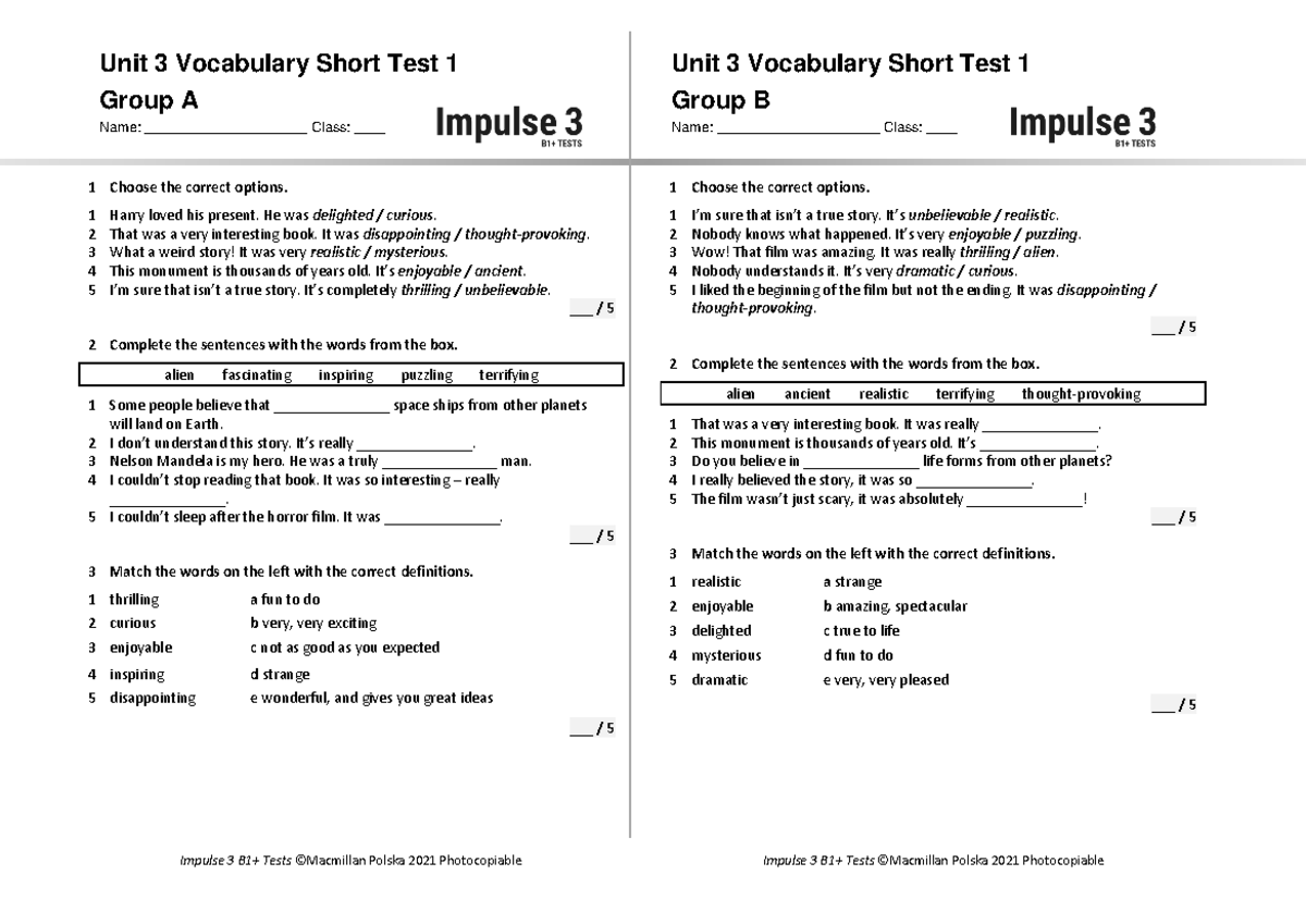 Unit 3 Vocabulary Short Test 1: Groups A & B - Studocu