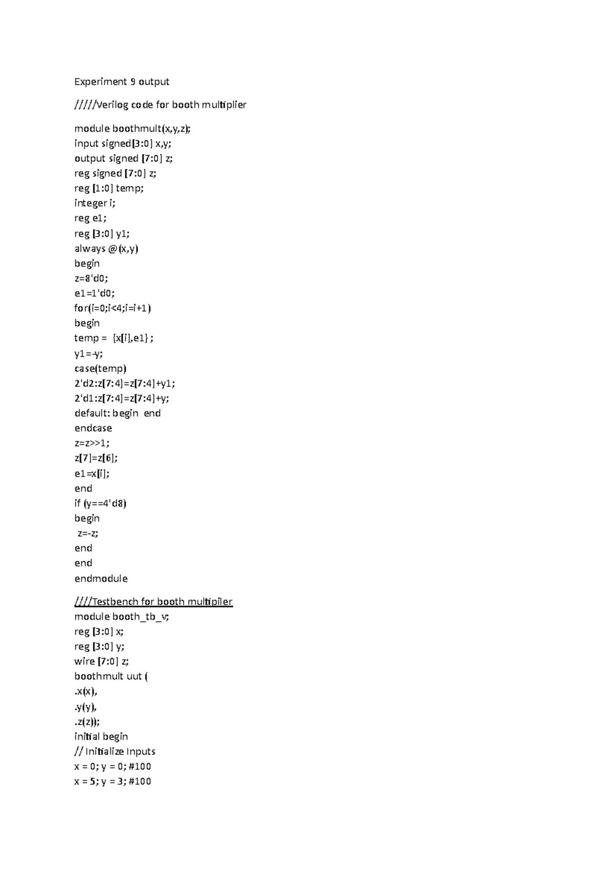 VLSI Experiment 9: Booth Multiplier Code and Testbench - Studocu