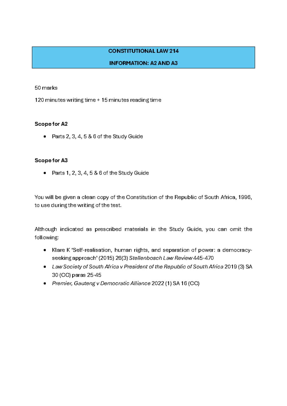 CONSTITUTIONAL LAW 214: A2 & A3 Exam Scope Overview - Studocu