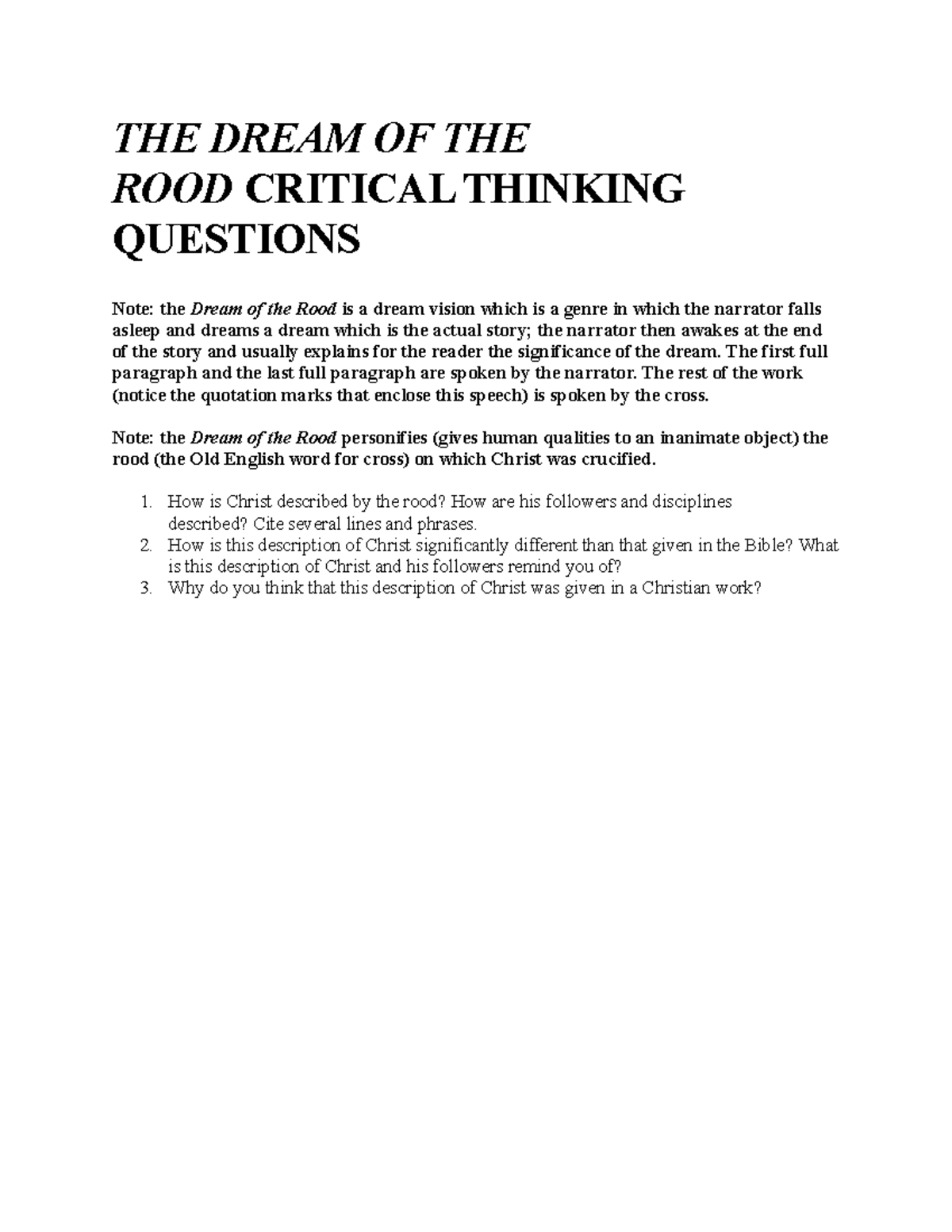 THE Dream OF THE ROOD Study Guide - THE DREAM OF THE ROOD CRITICAL ...
