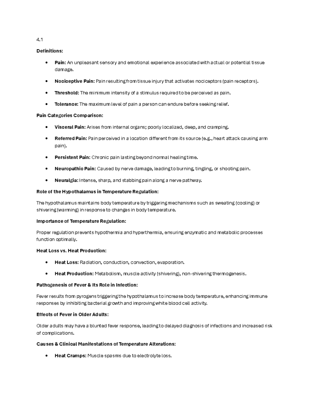 Unit 4 Study Guide: Pain, Temperature Regulation, and Neurological ...
