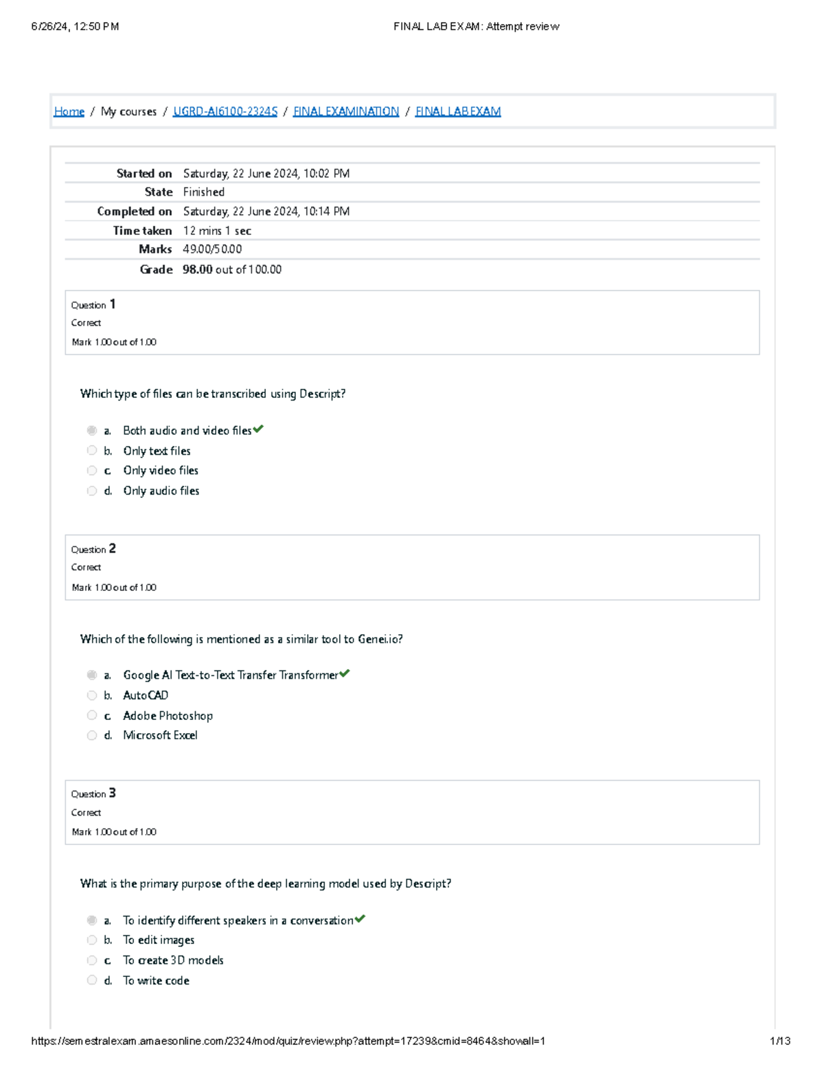 Final LAB EXAM Attempt review - Home / My courses / UGRD-AI6100-2324S / FINAL EXAMINATION ...