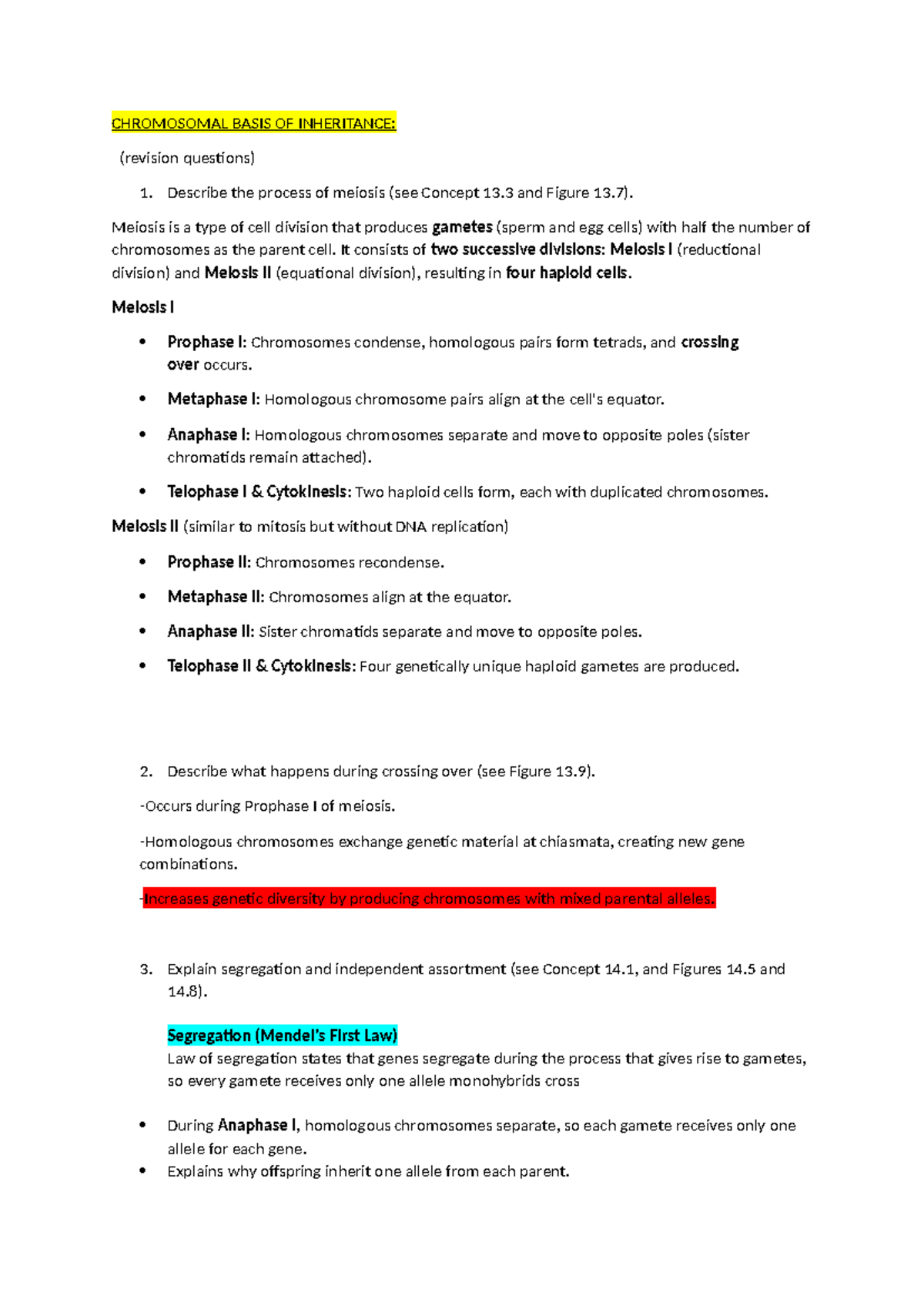 Chromosomal Basis of Inheritance: Revision Questions and Key Concepts ...