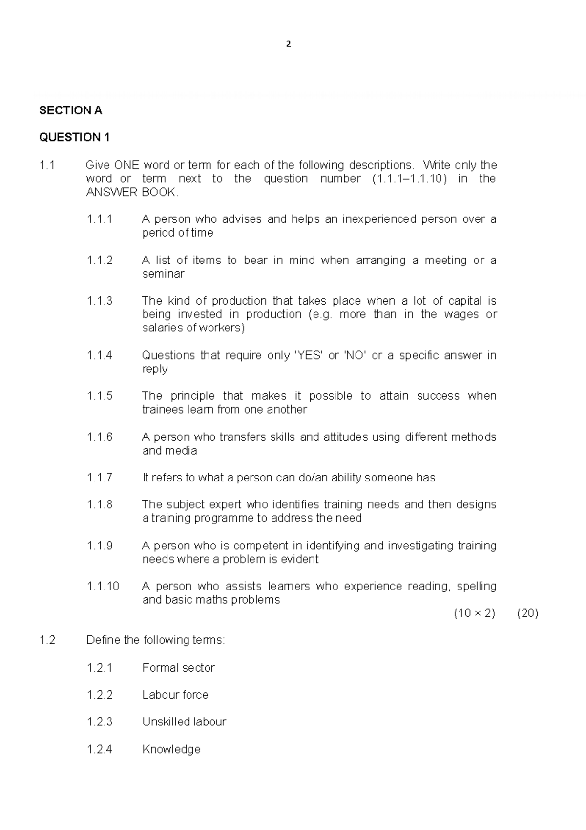 Personnel Training N5 T3 - SECTION A QUESTION 1 1 Give ONE word or term ...