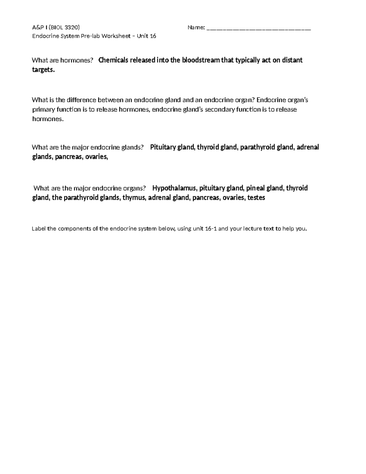 Pre-lab 9: Understanding the Endocrine System - Unit 16 Worksheet - Studocu