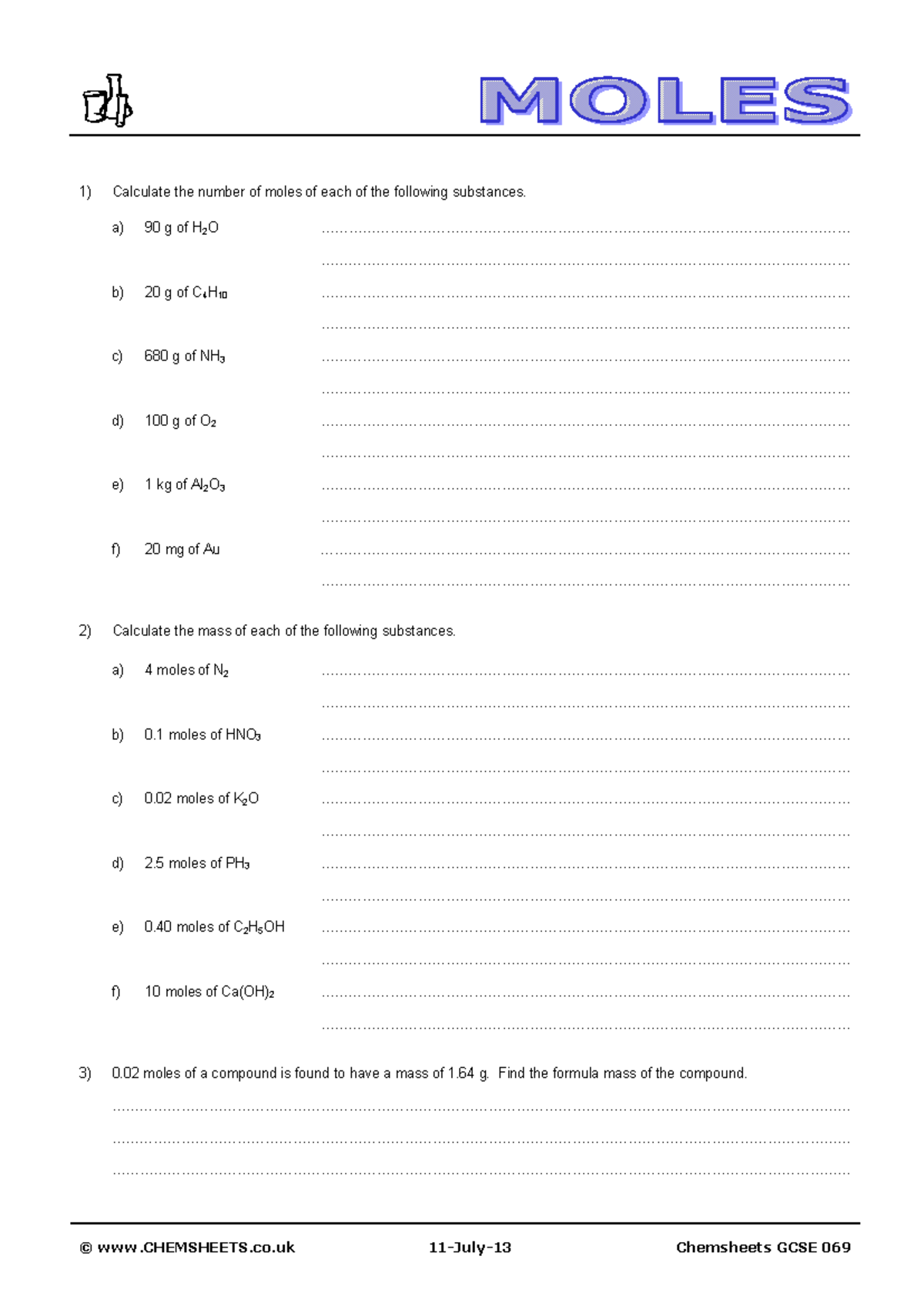 Chemsheets GCSE 069: Moles Calculation Exercises and Solutions - Studocu