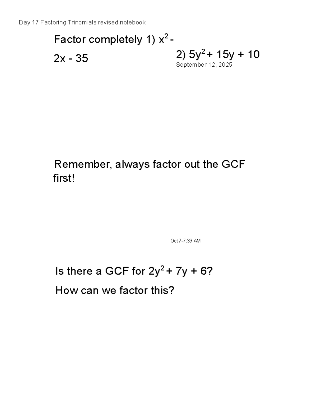 Factoring Trinomials Practice Notes - Day 17 - Studocu