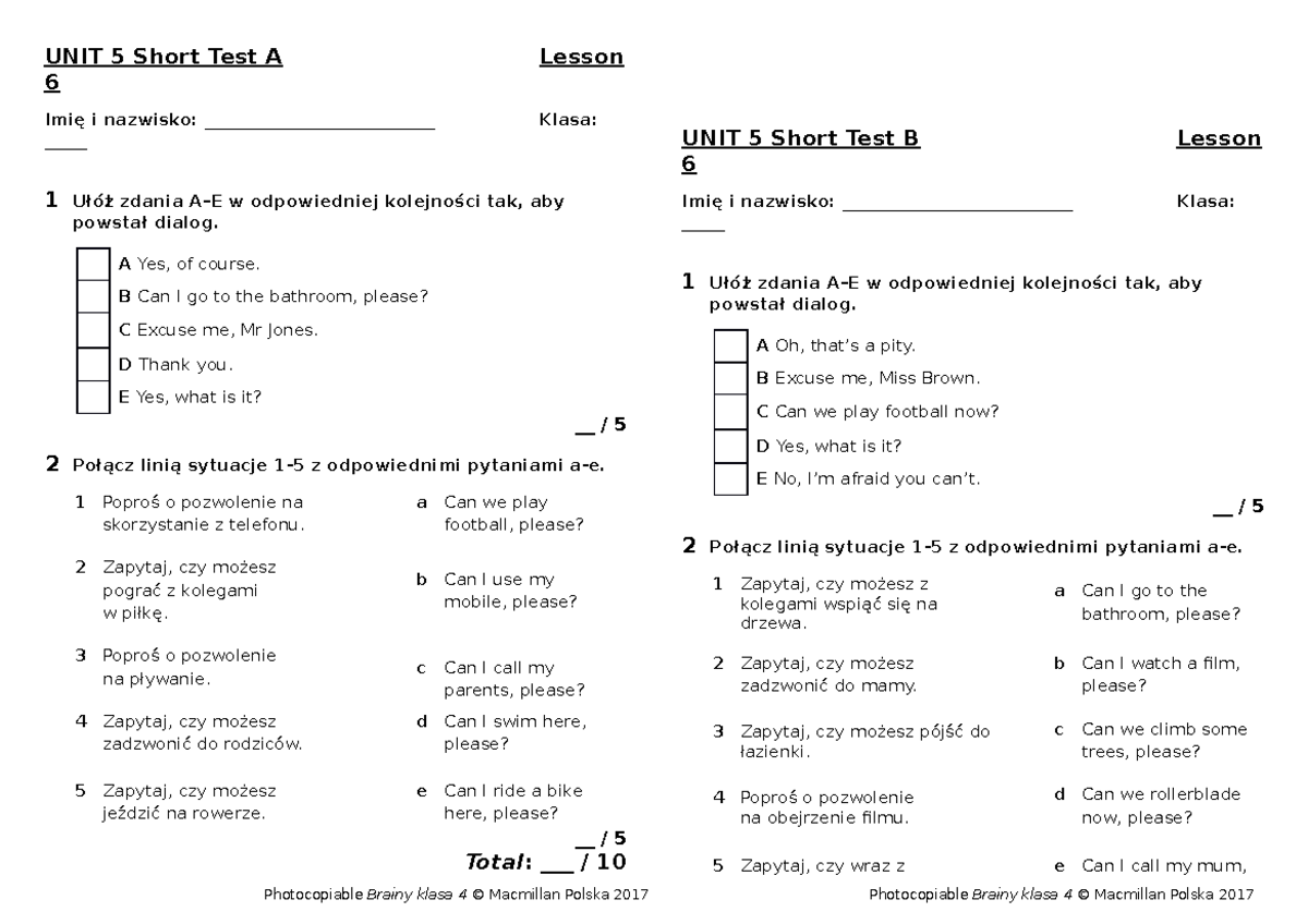 Brainy kl4 Short Tests Unit 5 Lesson 6 - UNIT 5 Short Test A Lesson 6 ...