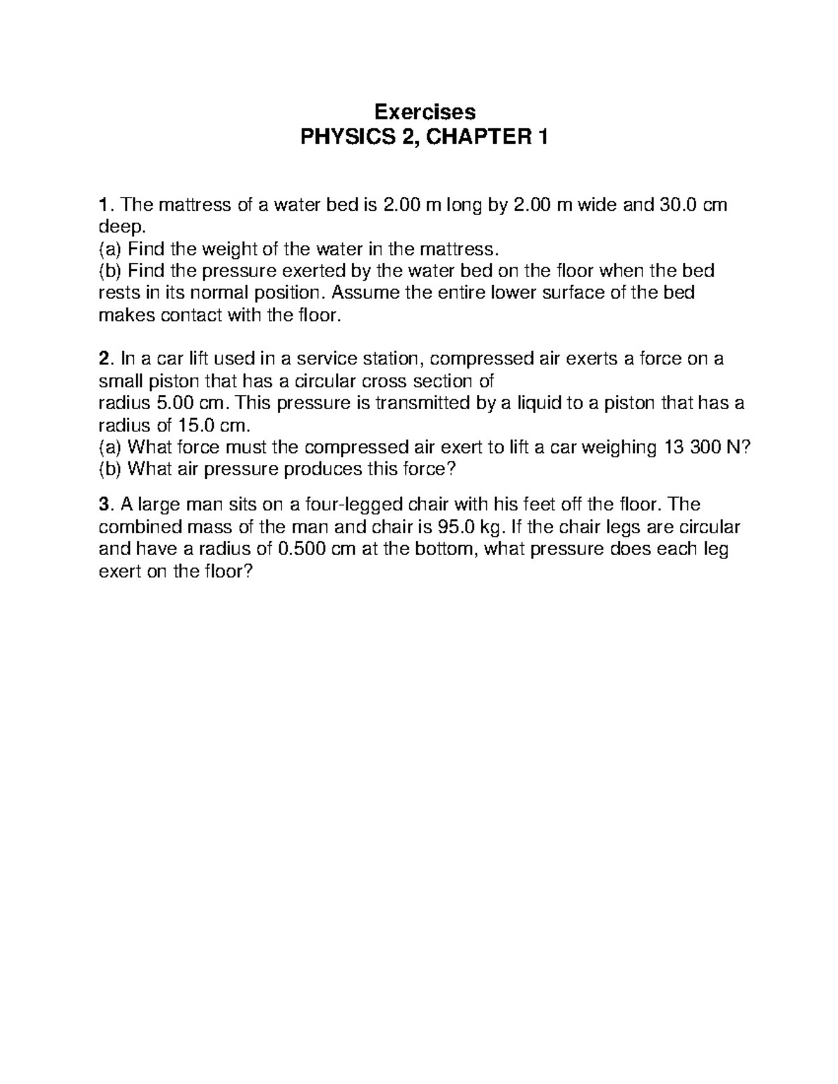 Exercises PHYS 2, CHAPTER 1: Fluid Mechanics Problems - Studocu
