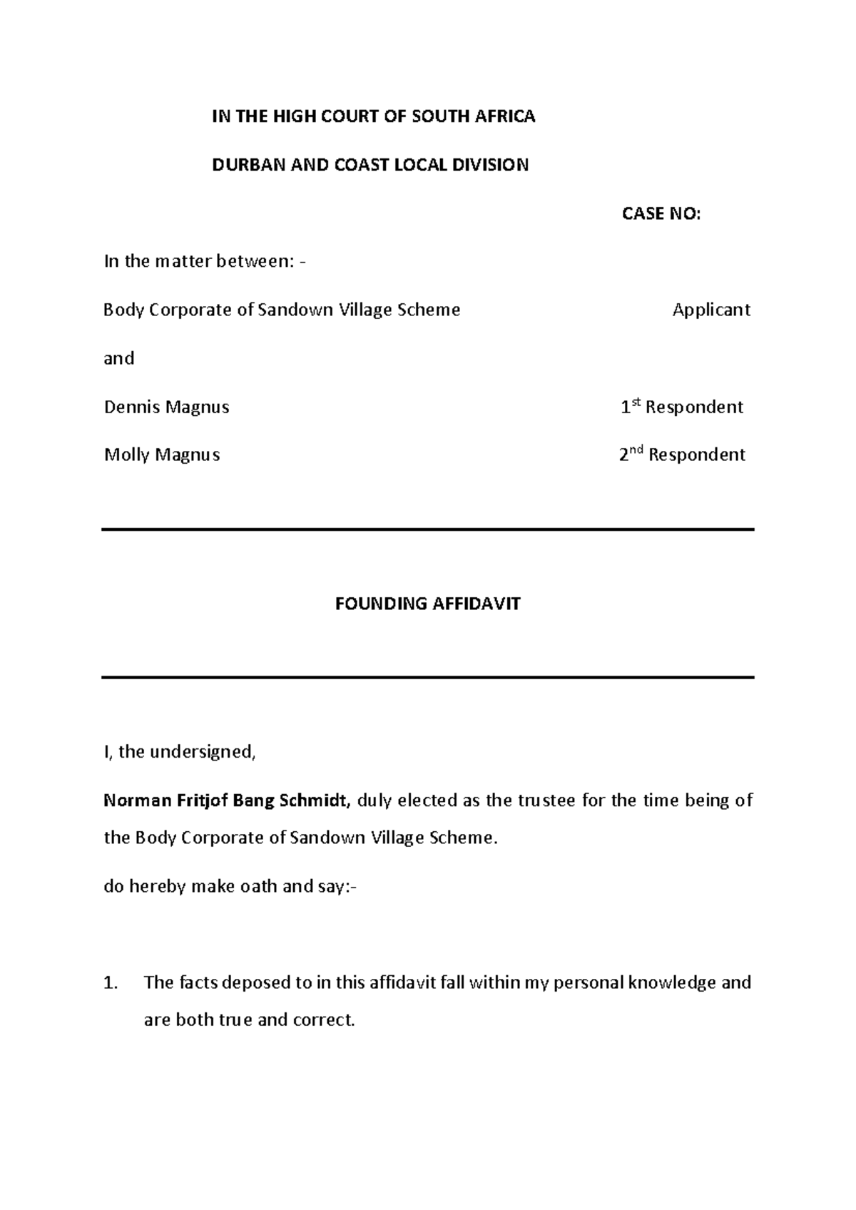 High Court Practice: Founding Affidavit for Case No. [Insert Case No ...