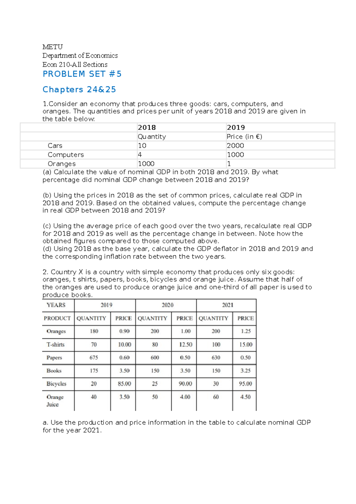 Econ 210 Problem Set: GDP Calculations and Inflation Analysis - Studeersnel