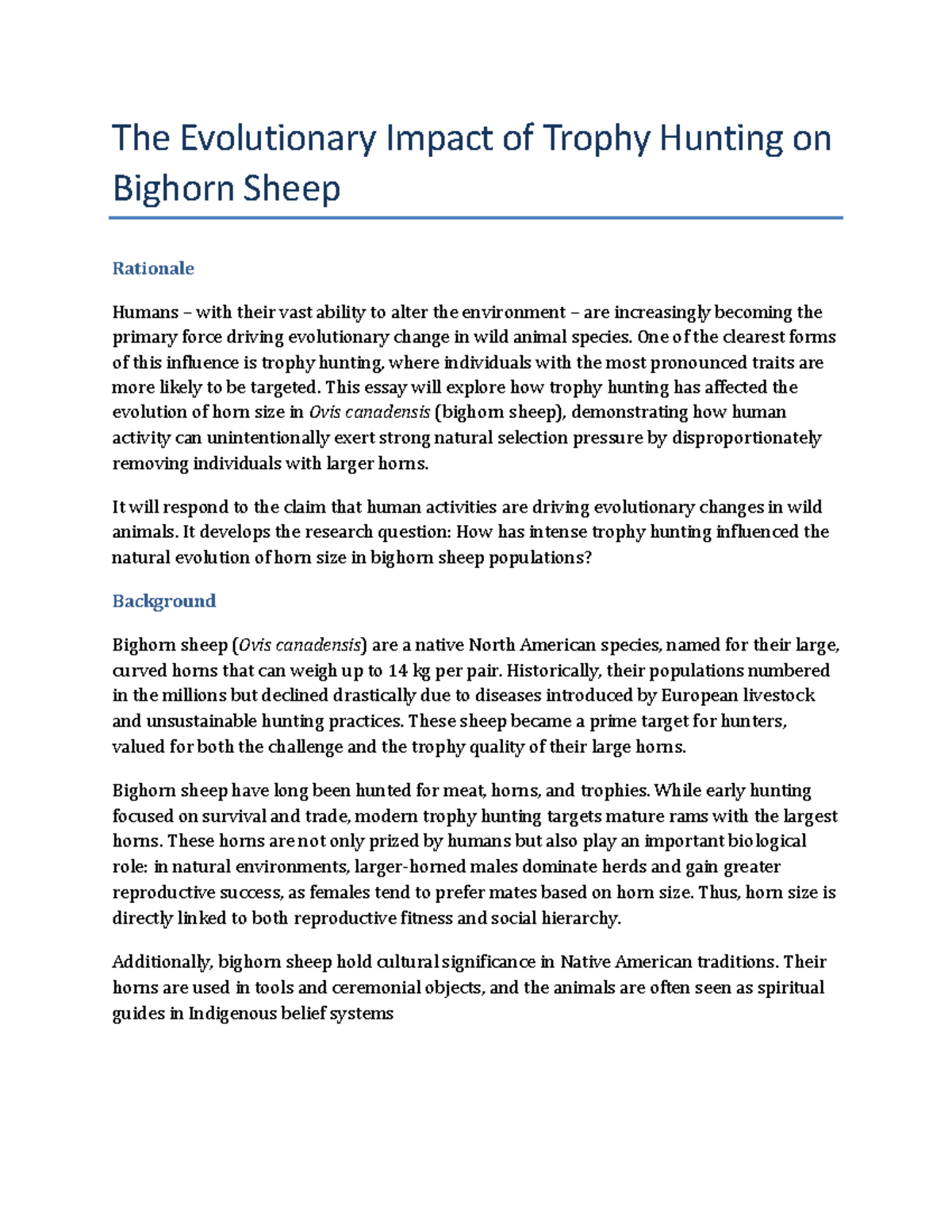 Biology Essay: The Evolutionary Effects of Trophy Hunting on Bighorn ...