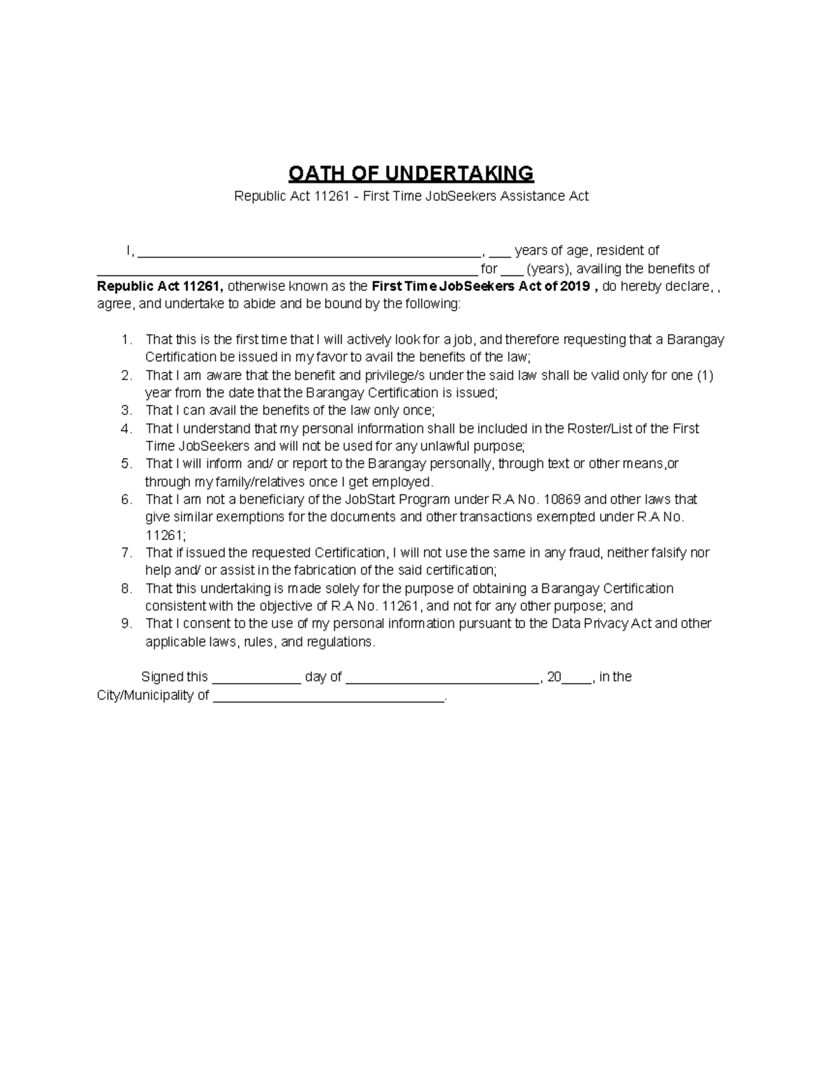 OATH OF UNDERTAKING: RA 11261 First Time JobSeekers Act - Studocu