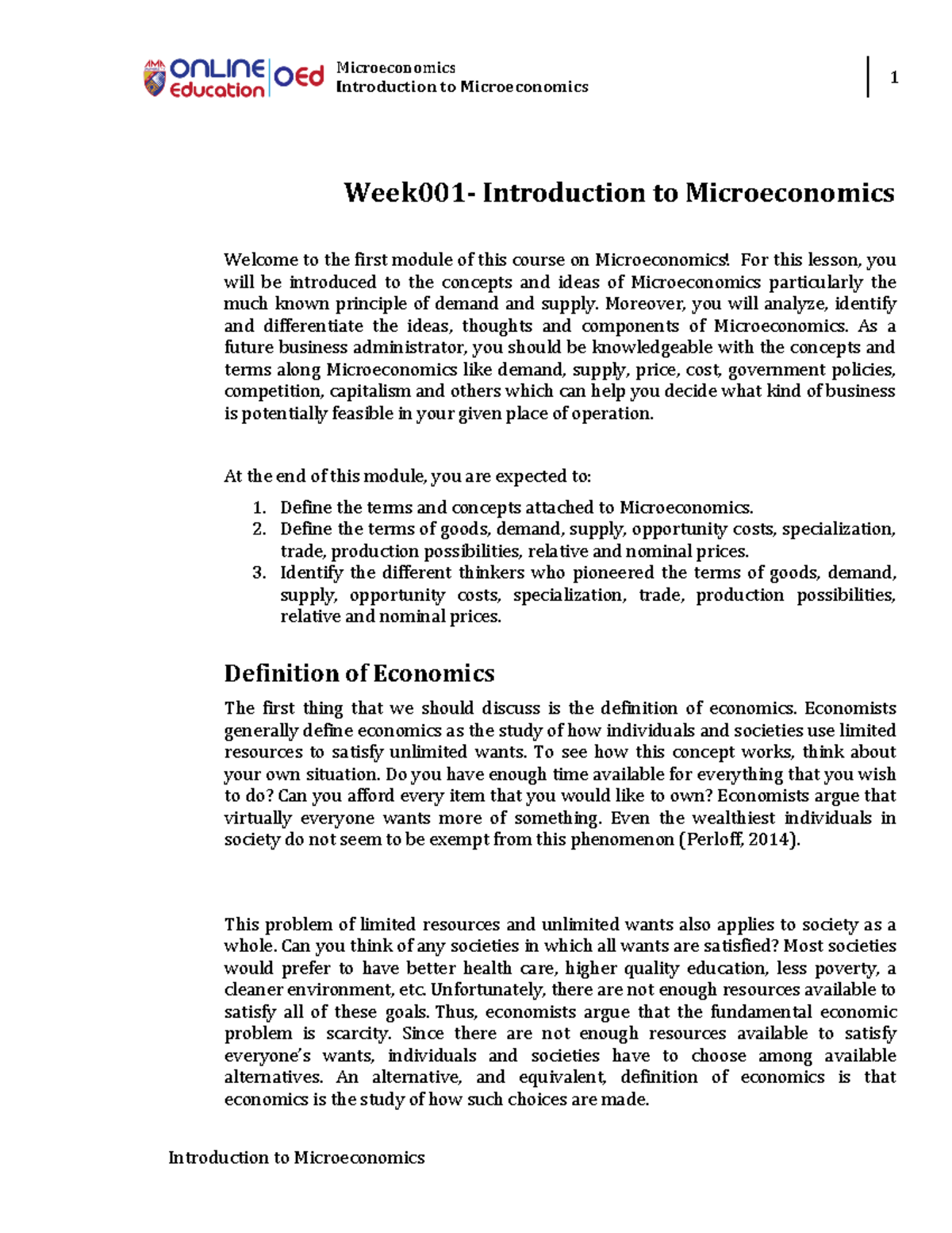 W1 - Lesson 1: Introduction to Microeconomics Concepts and Principles ...