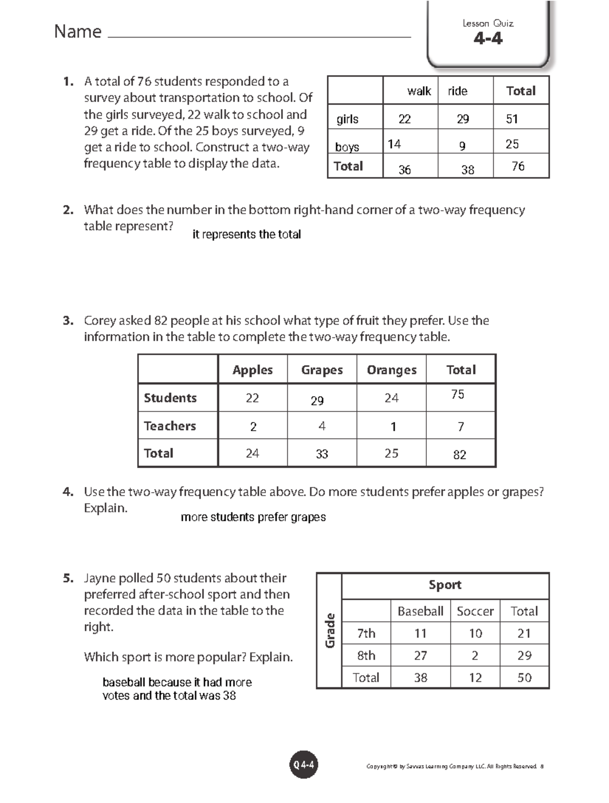 4-4 Printable Lesson Quiz - Copyright © by Savvas Learning Company LLC ...