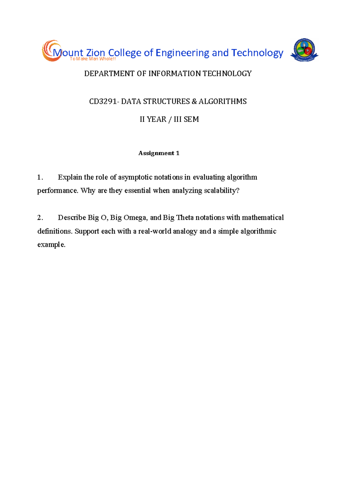 DSA Assignment 1 - No this program applying gii - Data Structures - Mount Zion College of - Studocu