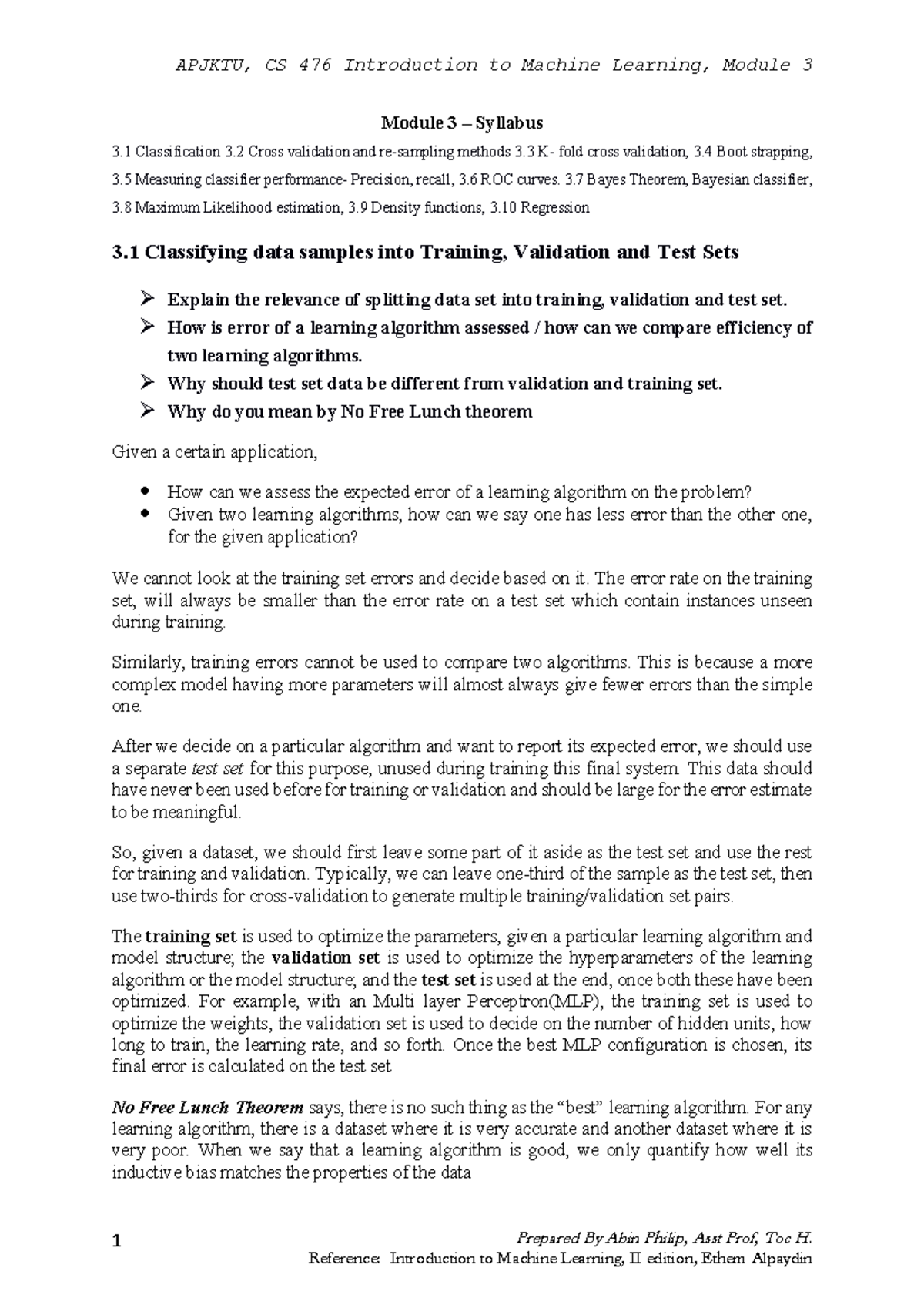 Ml Mod3 Exam Oriented Notes Of Machine Learning Prepared By Abin