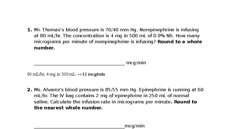 Math Practice (Tutoring) Answer Key: IV Infusion Rates Calculations ...