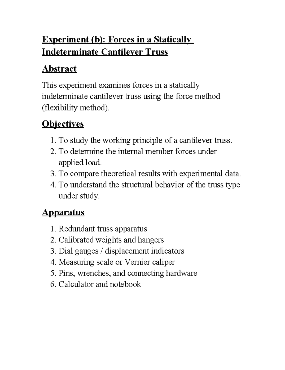 Lab 2(b): Forces in a Statically Indeterminate Cantilever Truss Experiment - Studocu