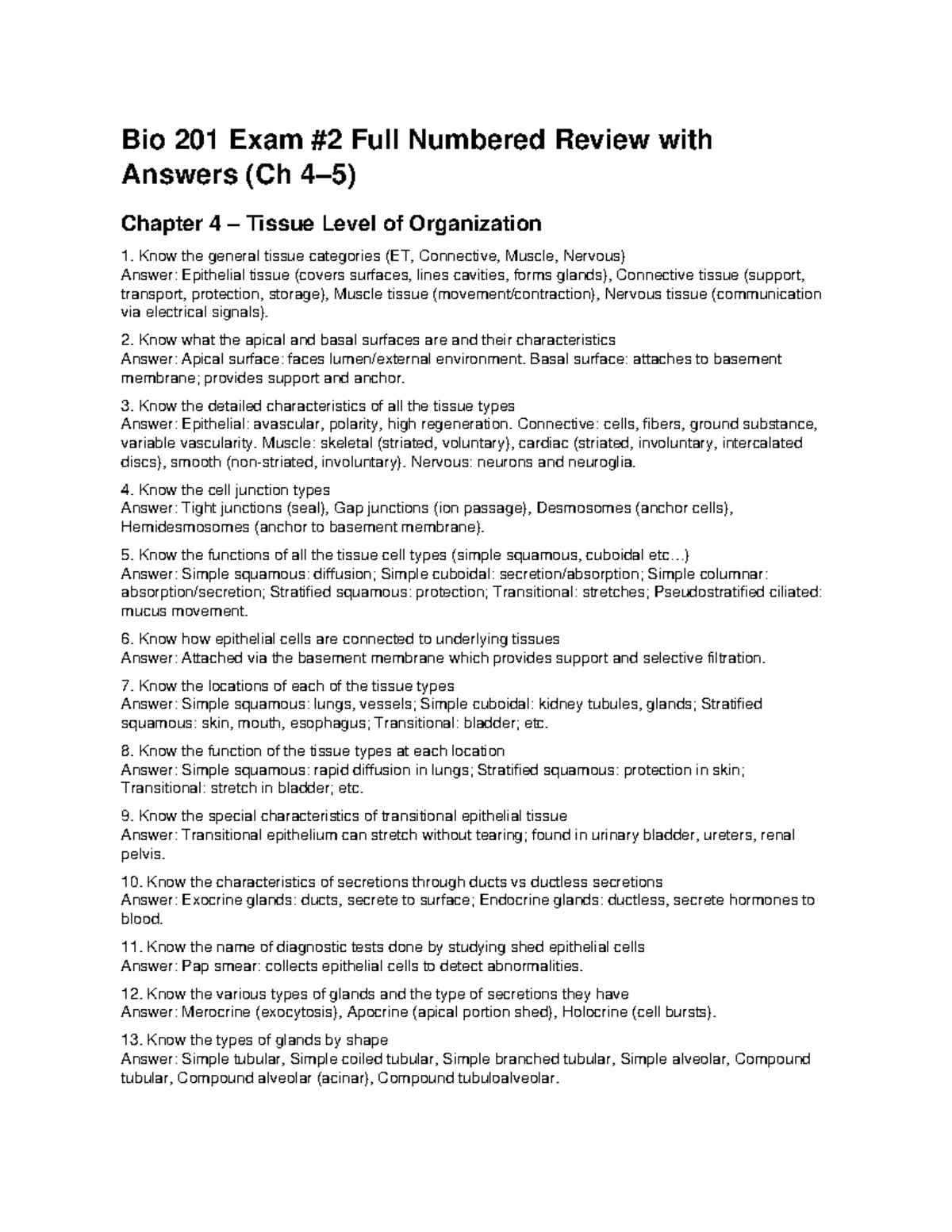 Bio 201 Exam 2 Comprehensive Review with Answers on Tissues - Studocu