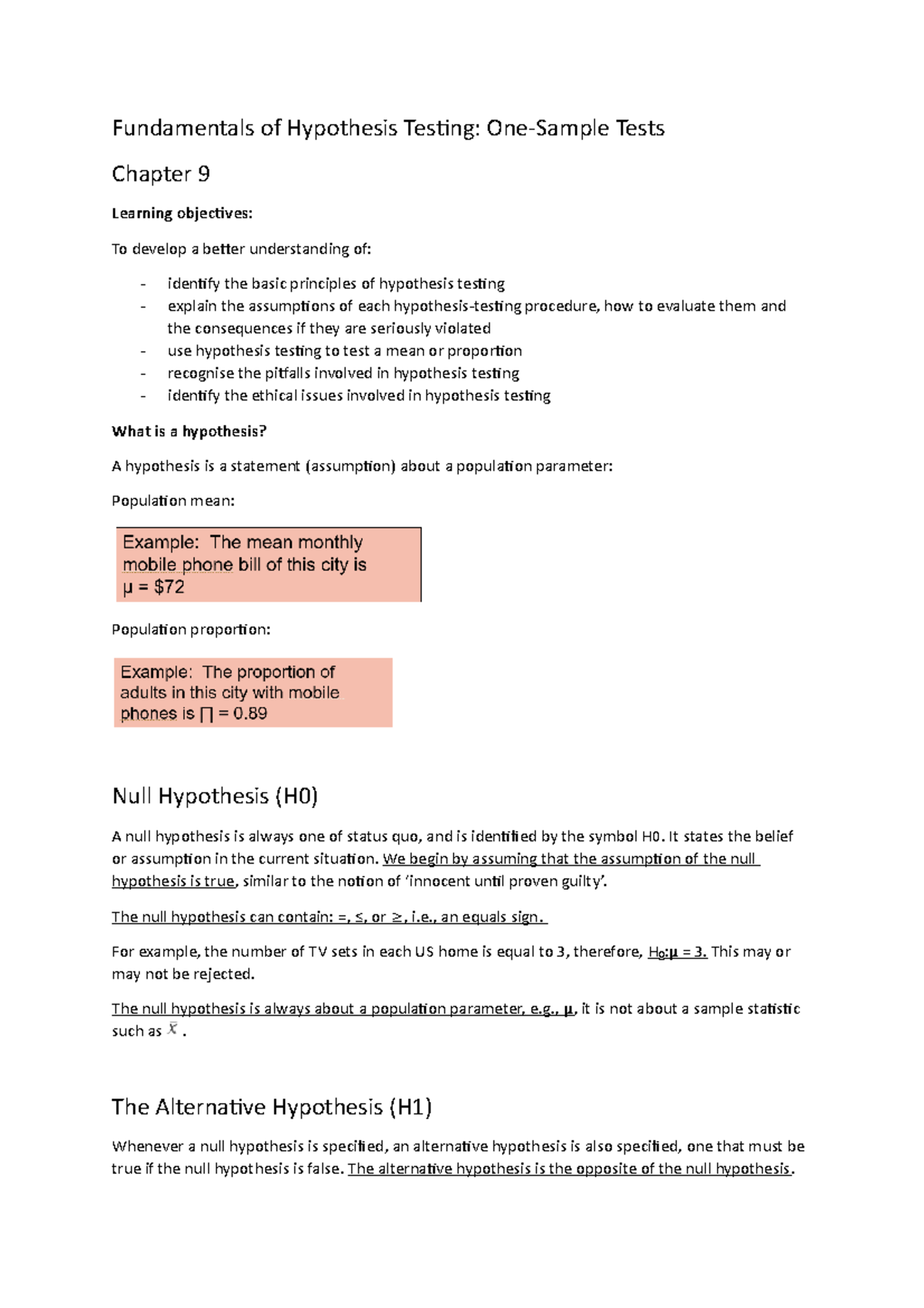 Week 6 - Ch. 9 Hypothesis Testing: Understanding One-Sample Tests - Studocu