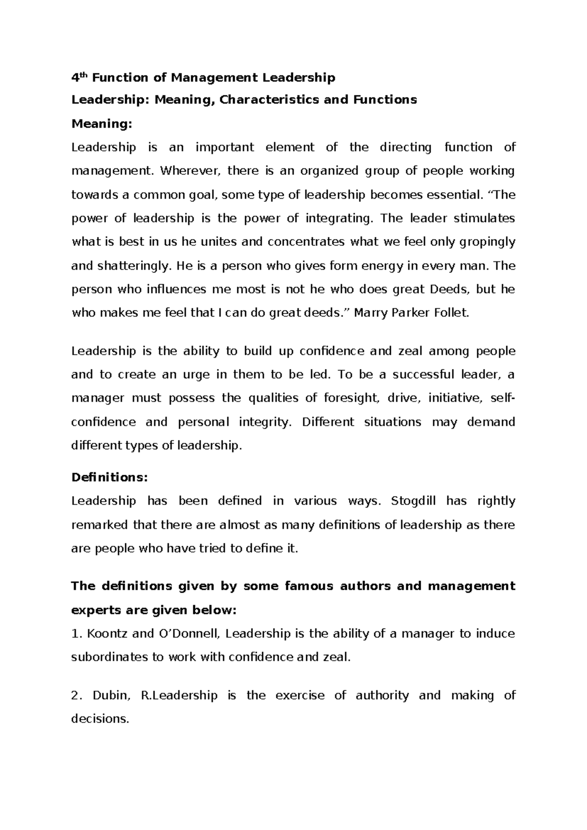 4th Function of Management: Leadership - Meaning, Characteristics ...