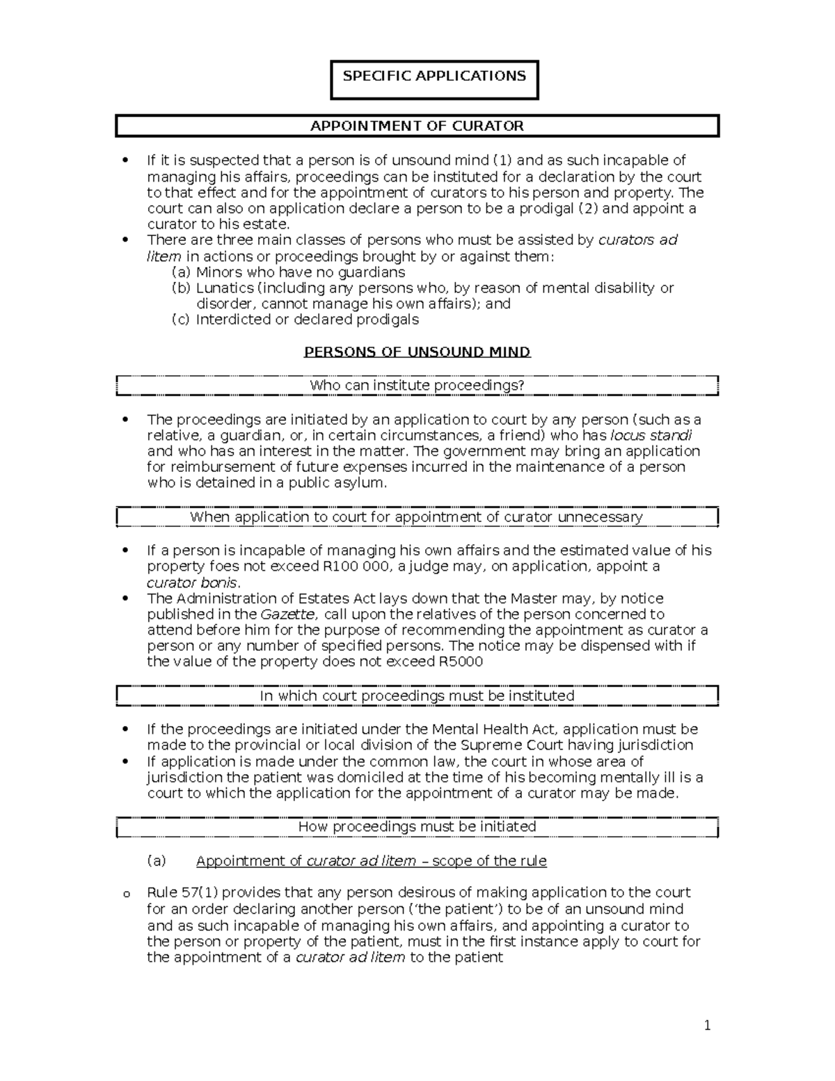 1a. Specific Applications for Curatorship and Interdicts - Studocu