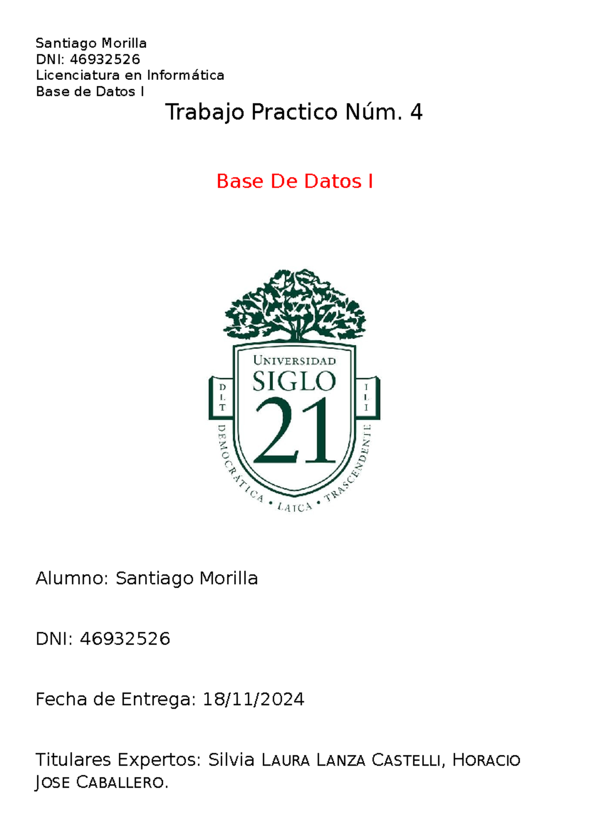 TP4 - Trabajo Práctico Núm. 4 en Base de Datos I - Studocu