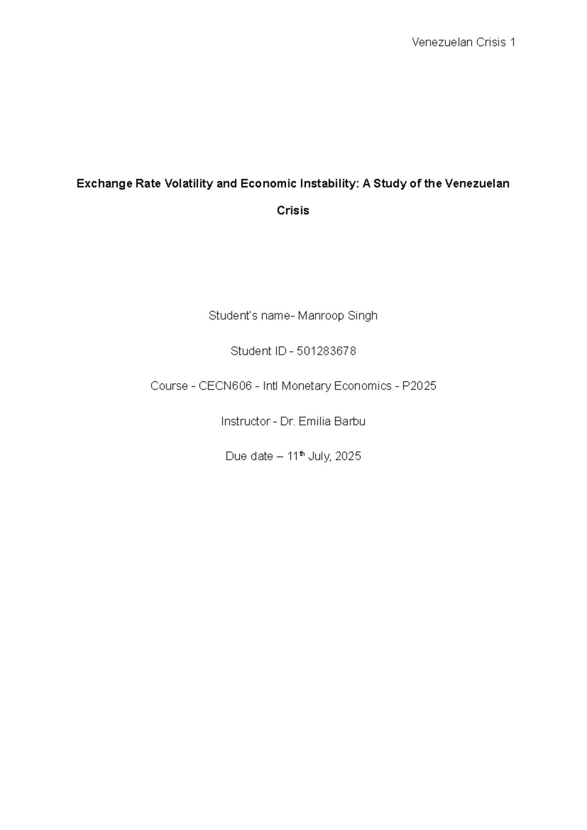 CECN606 Final Exam: Analyzing Exchange Rate Volatility in Venezuela ...