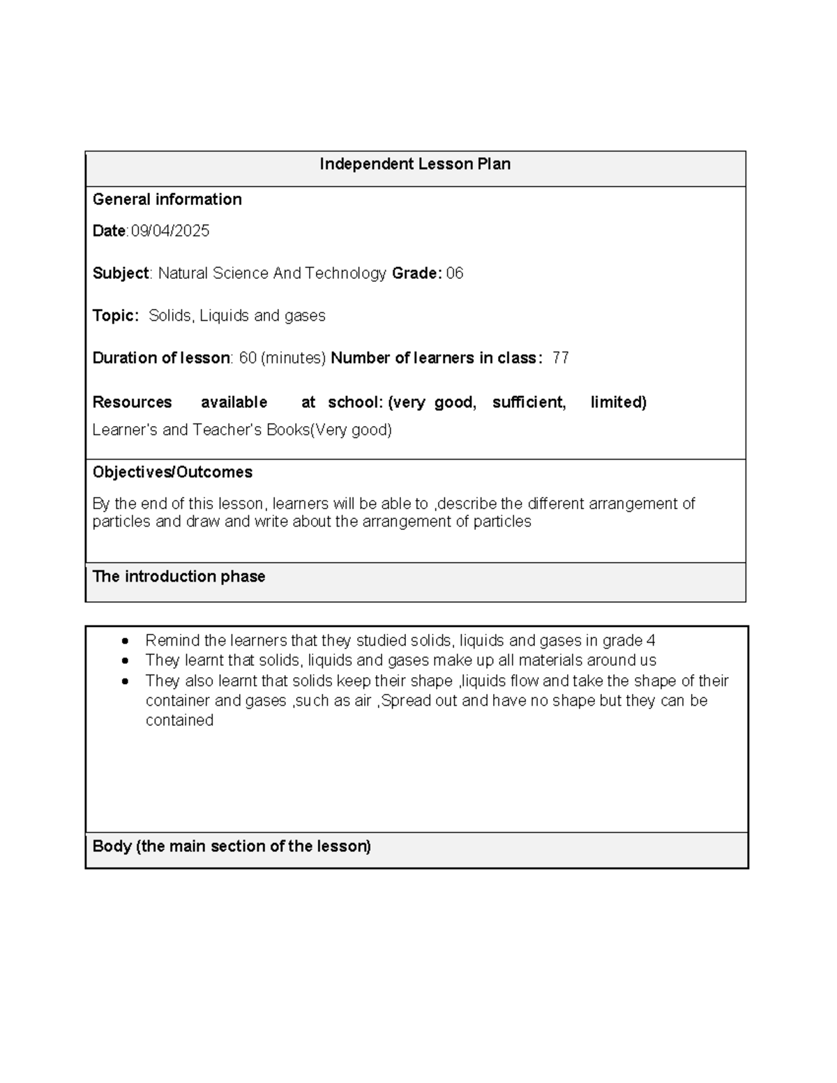 Independent Lesson Plan: Natural Science & Tech (Grade 6) on Matter ...