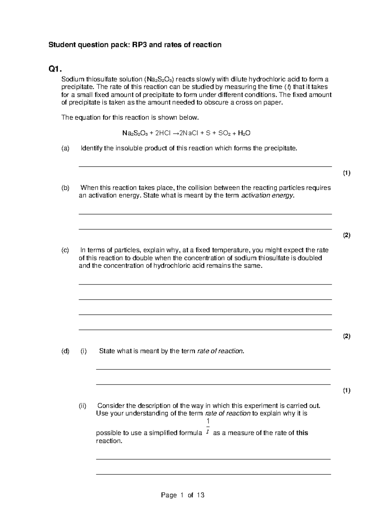 RP3 Rates of Reaction: Student Question Pack and Experiments - Studocu