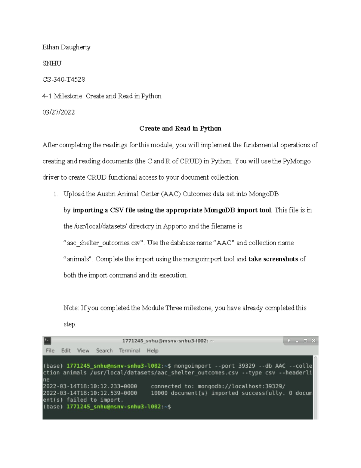 CS-340 - 4-1 Milestone: Implementing CRUD Operations in Python - Studocu