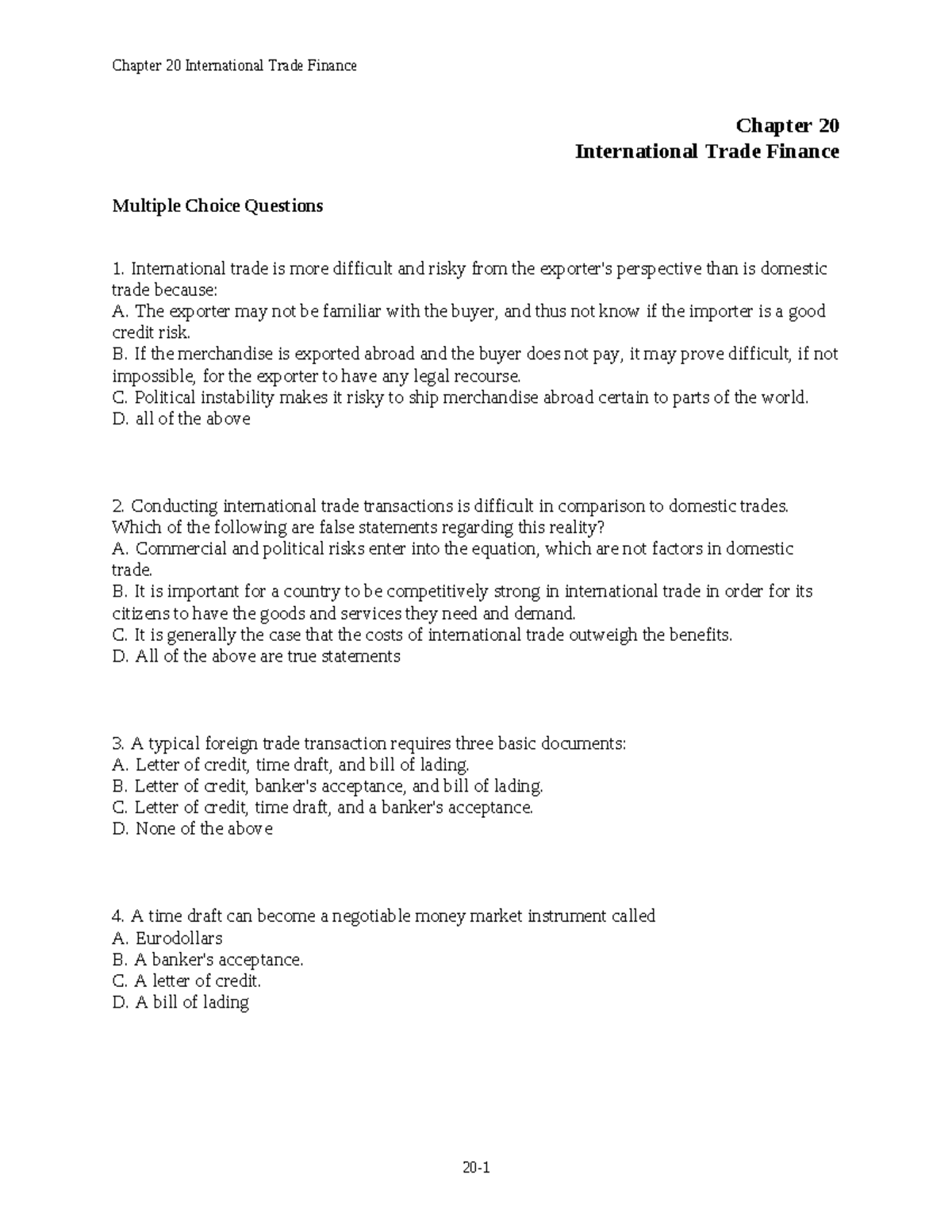 International Trade Finance MCQs - Chapter 20 Study Guide (FIN 330 ...