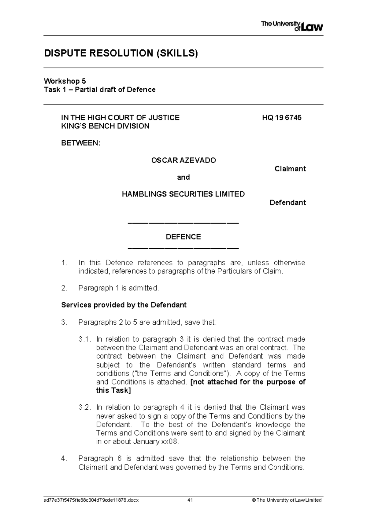 DISPUTE RESOLUTION (SKILLS) WS05 CE02 Task 1 Partial Defence Draft ...