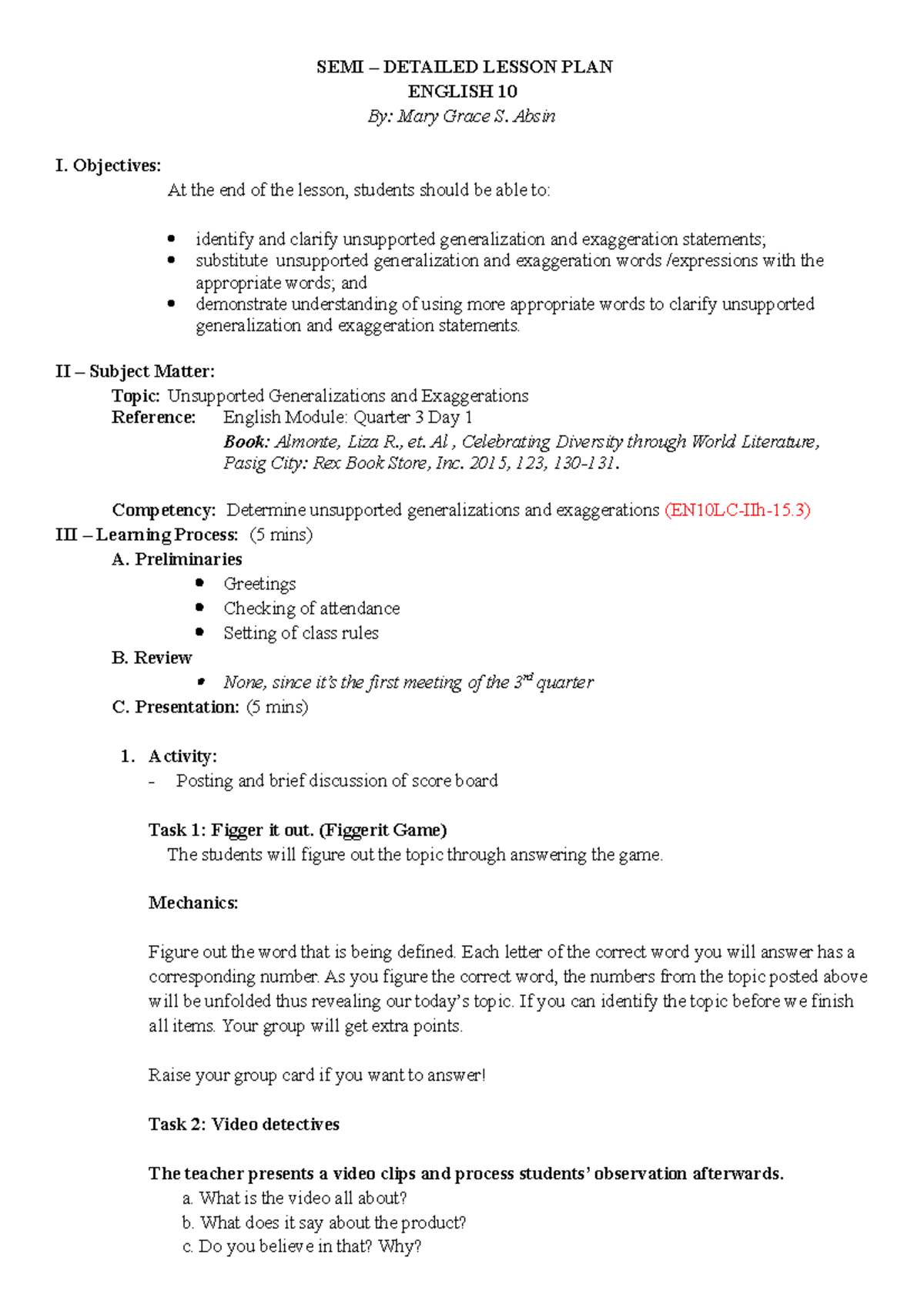 CO 1 - 2023 - Lesson Plan on Unsupported Generalizations ...