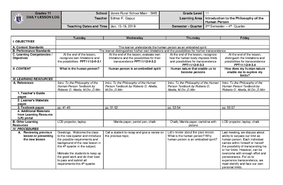 DAILY LESSON LOG: Introduction to Philosophy of the Human Person (Grade ...