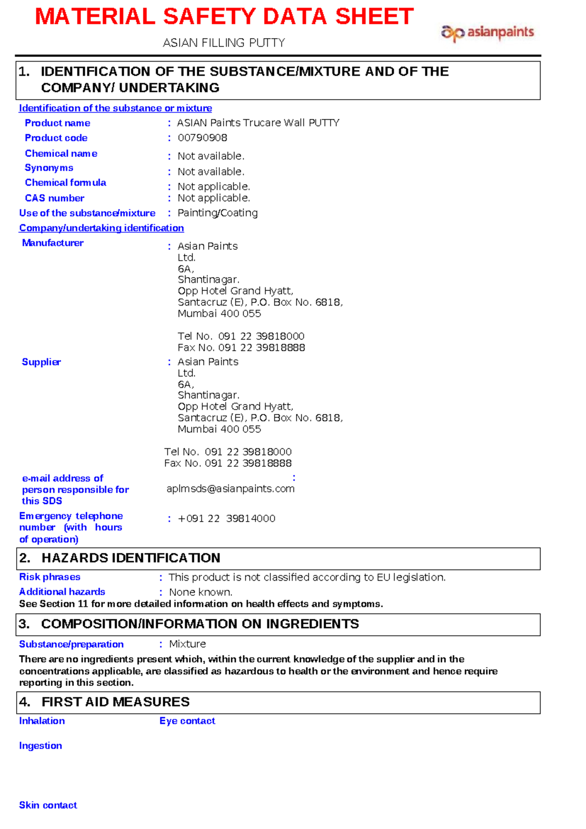 MATERIAL SAFETY DATA SHEET: ASIAN Paints Trucare Wall Putty (MSDS ...