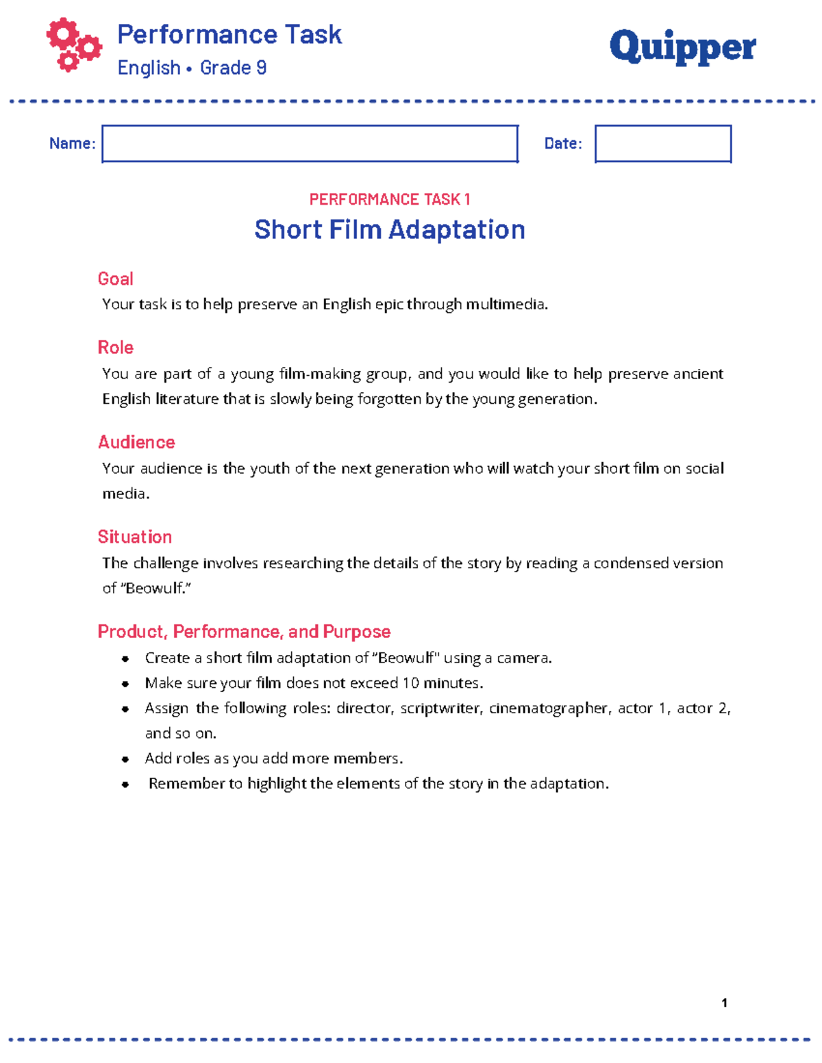 ME Eng 9 PT 01 Short Film Adaptation of Beowulf - Performance Task ...