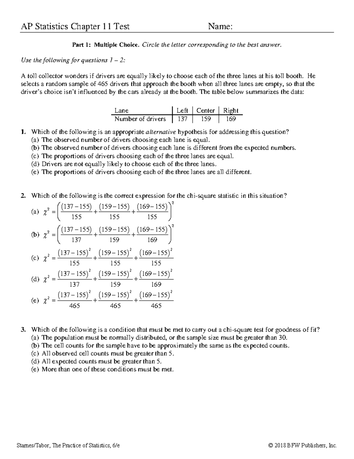 Chapter 11 Test - .......................... - AP Statistics Chapter 11 ...